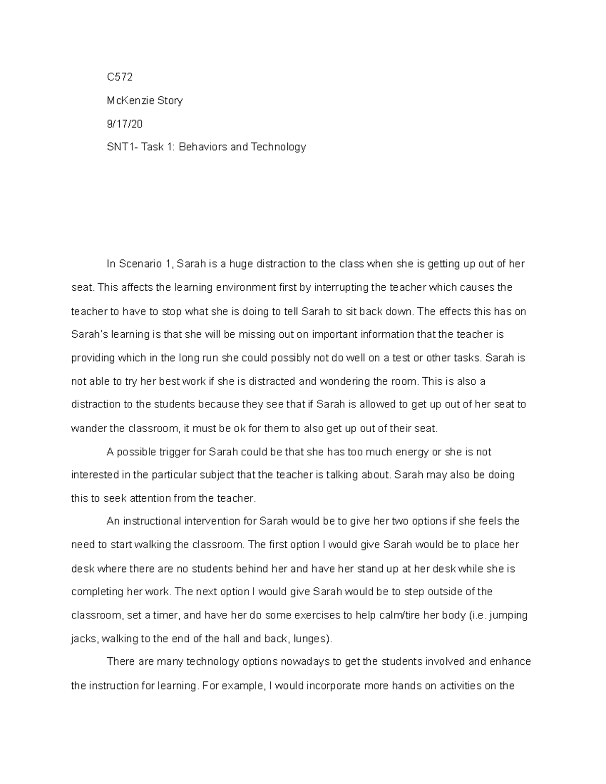 Task 1 SNT - task 1 c572 wgu - C McKenzie Story 9/17/ SNT1- Task 1 ...