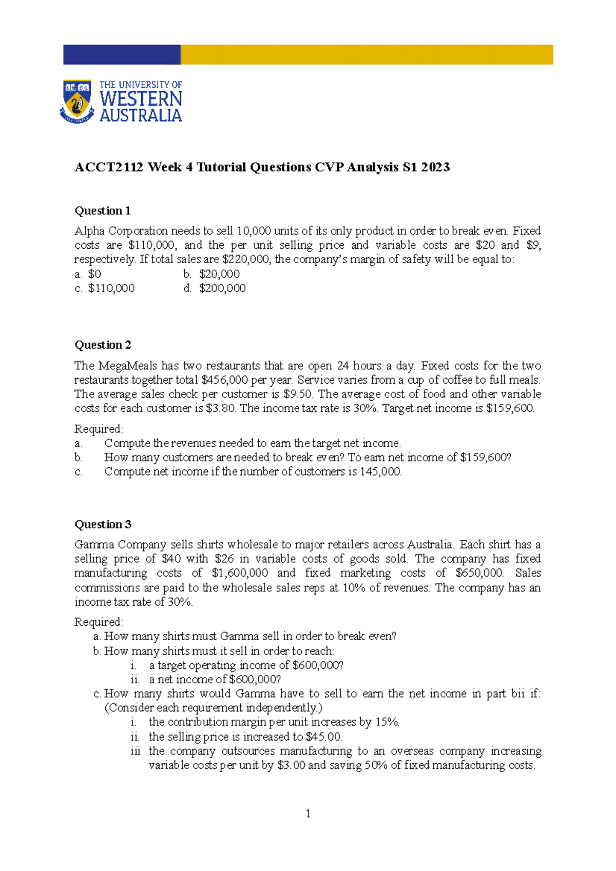 4 ACCT2112 Week 4 Tute Qns CVP S1 2023 - ACCT2112 Week 4 Tutorial ...