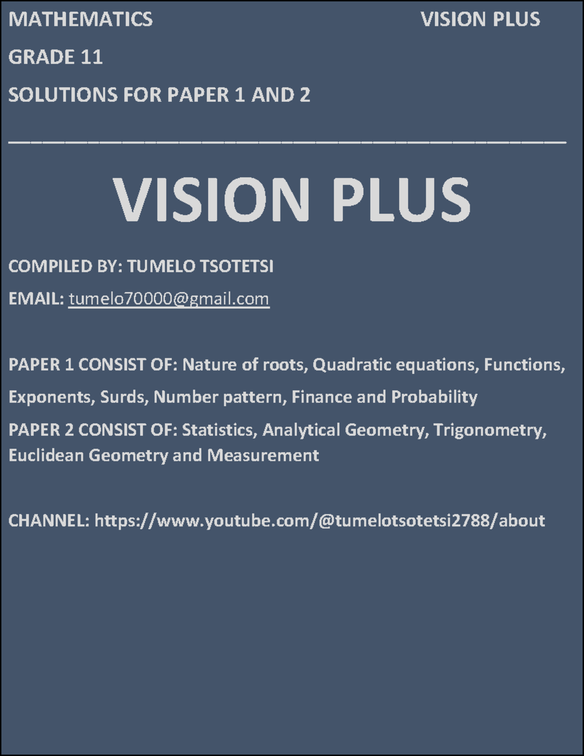Visionary Solution FOR Maths - MATHEMATICS VISION PLUS GRADE 11 ...