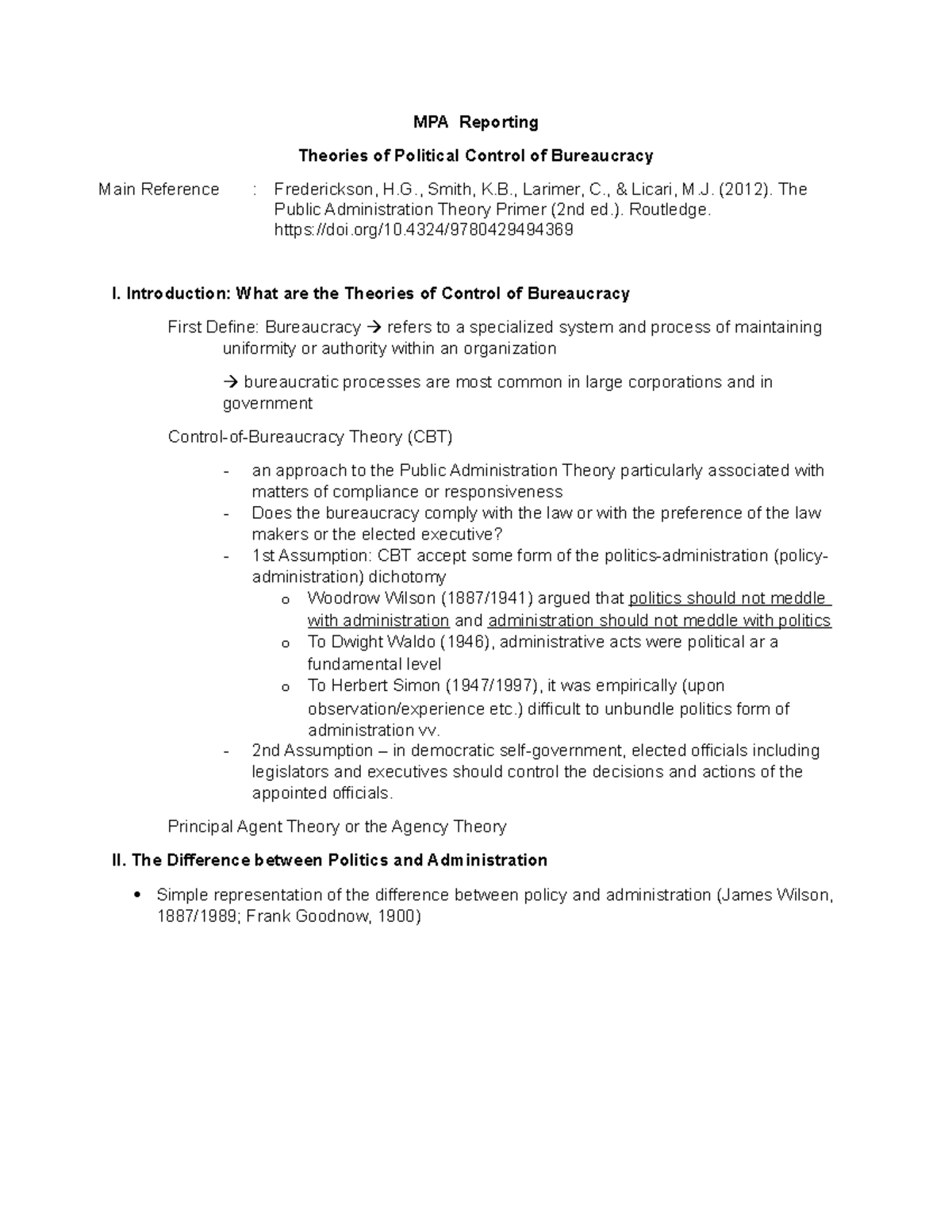 PA 501 Reporting Theories of Political Control of Bureaucracy - MPA ...