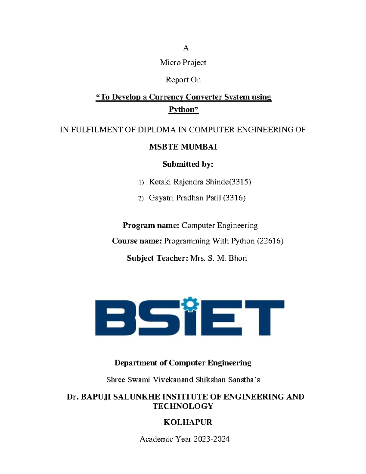 K Python Frontpage - report - A Micro Project Report On “To Develop a ...