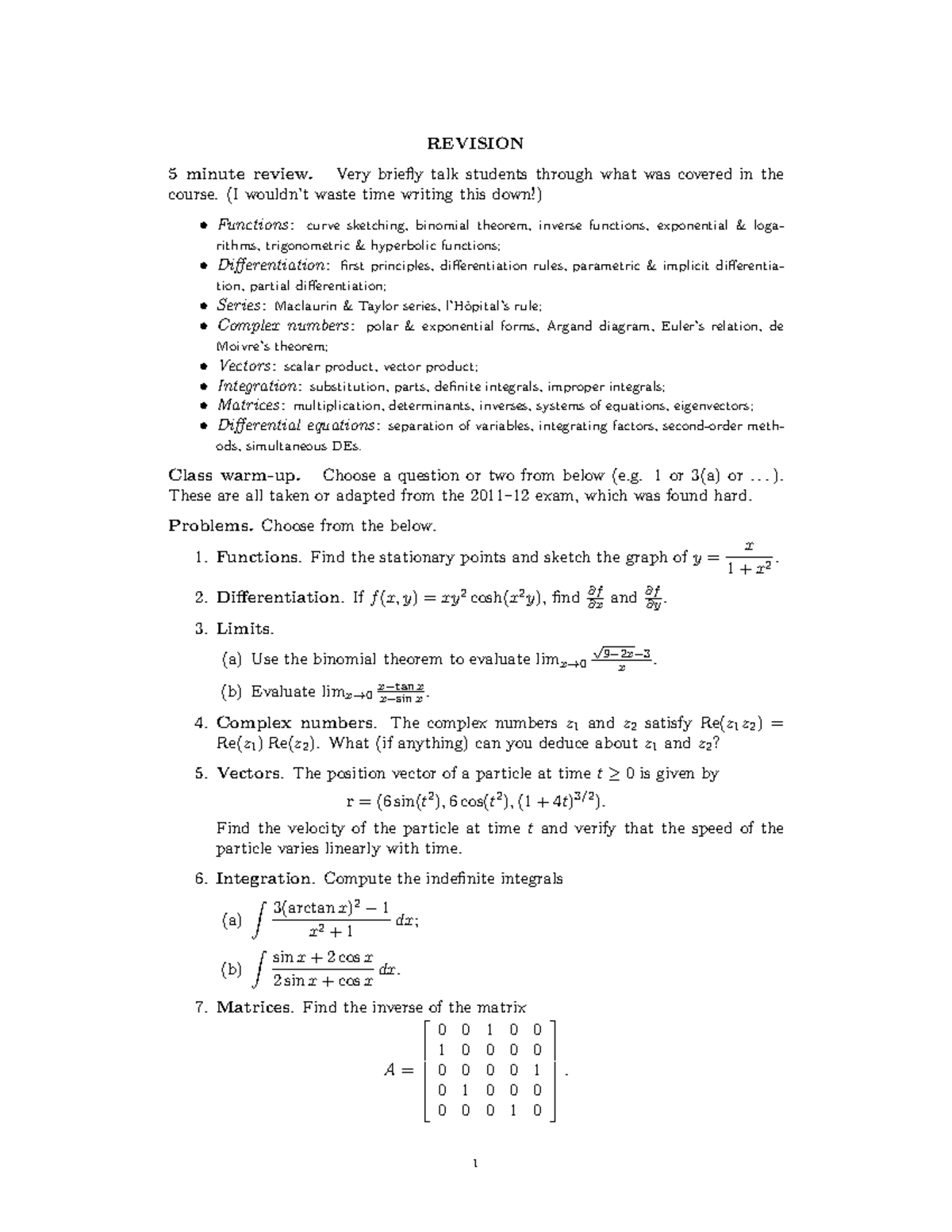 Semester 2 Revision with Answers Functions Differentiation Series ...