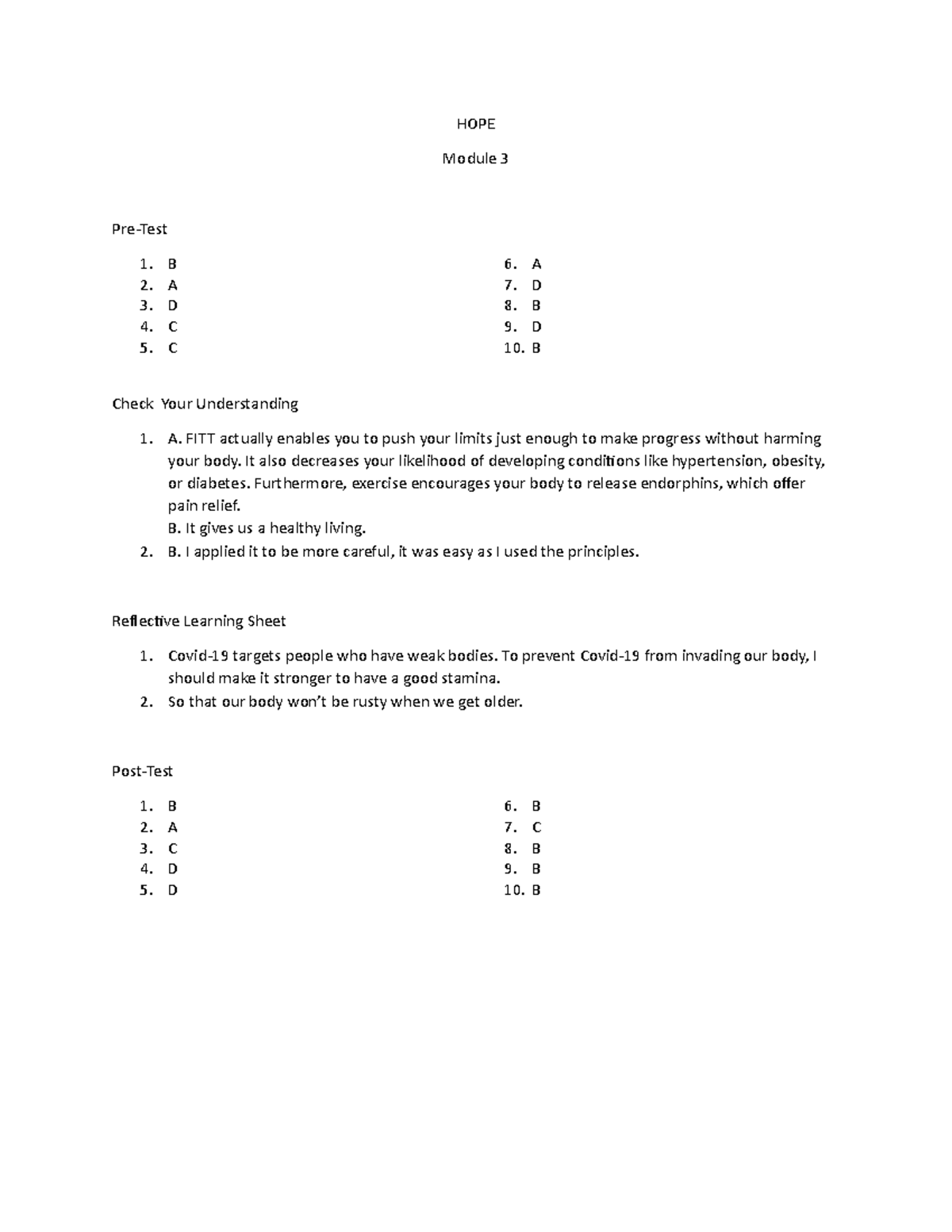 HOPE - Physical Education - HOPE Module 3 Pre-Test B A D C C 6. A 7. D ...