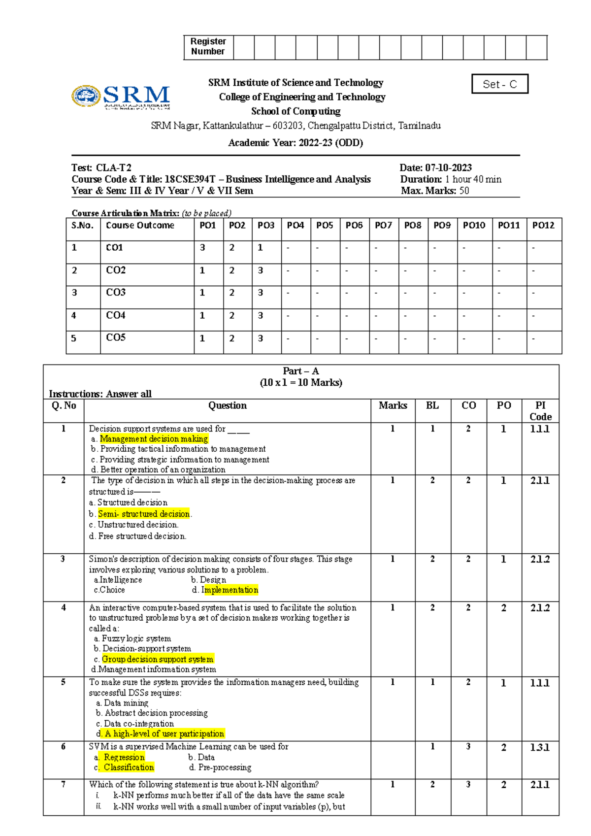 CT2 BIA SET C Final answer key - Register Number SRM Institute of Science and Technology College ...