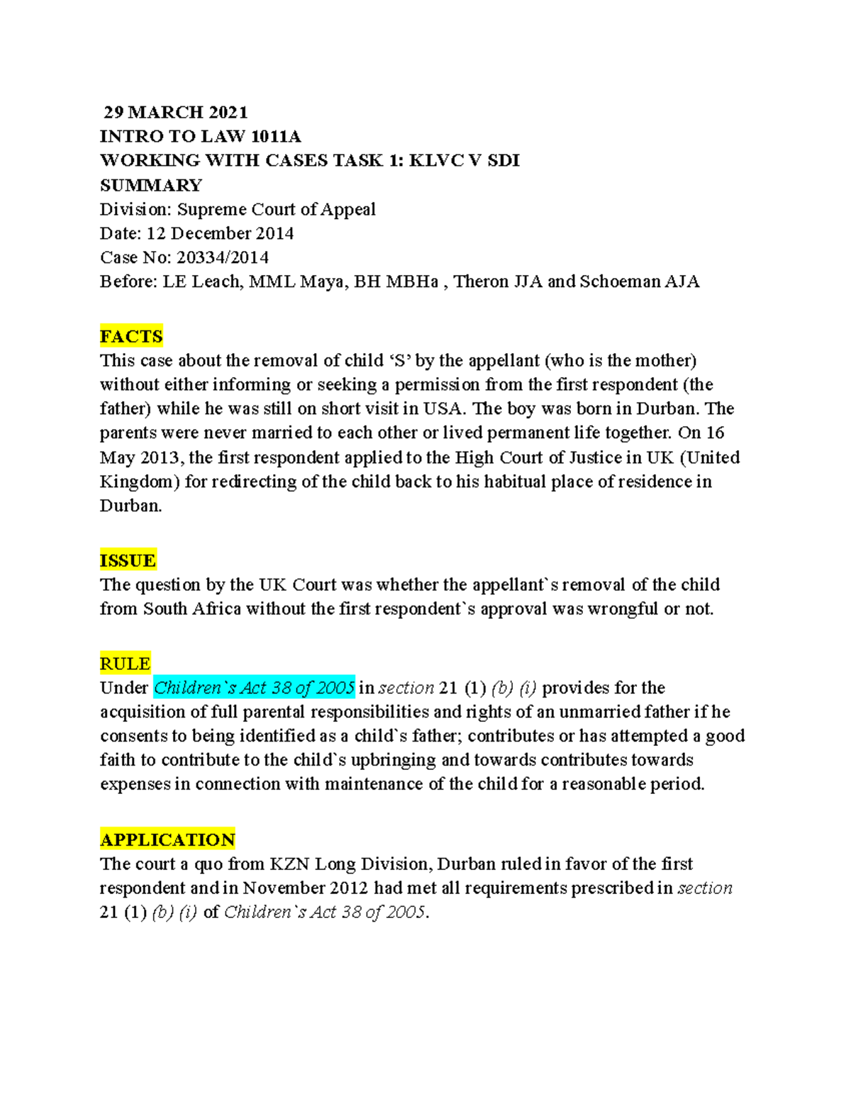 Working with Cases: KLVC v SDI CASE Summary - Wits University - Studocu