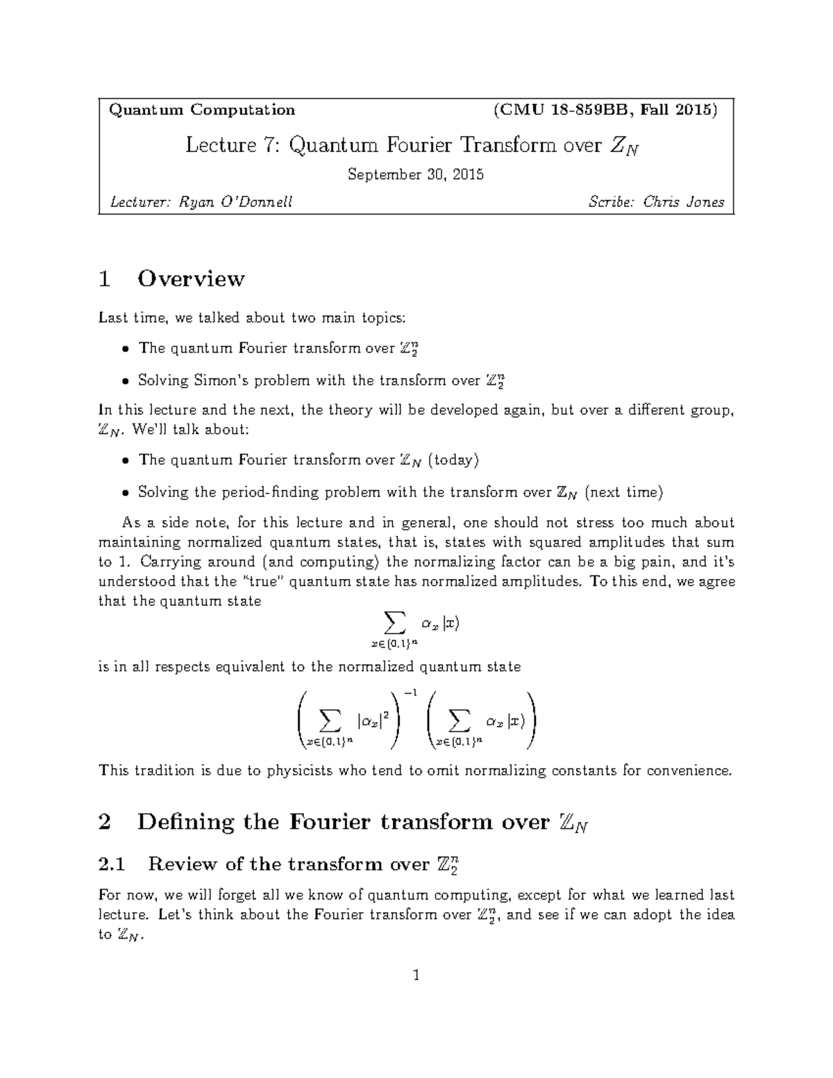 Lecture 07 Quantum Computation Cmu 18 859bb Fall 2015 Lecture 7 Quantum Fourier Transform