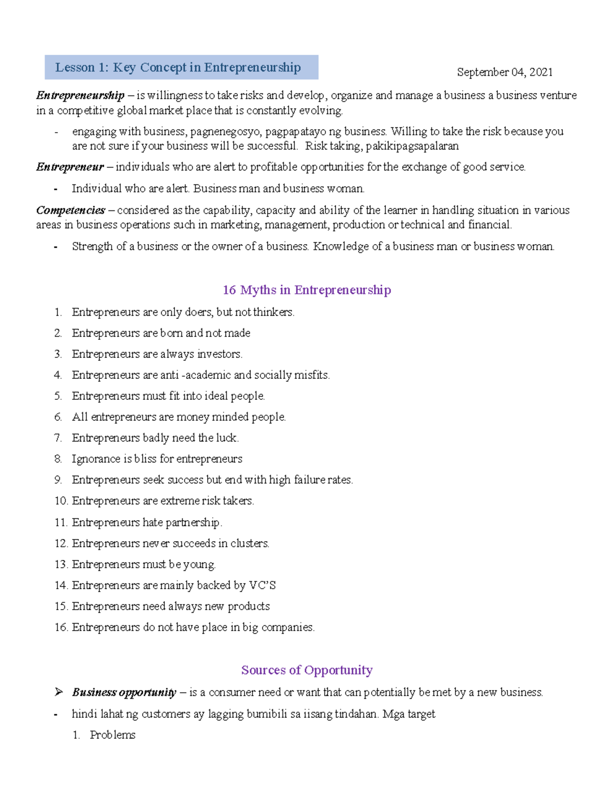 Entrepreneurship notes - September 04, 2021 Entrepreneurship – is ...