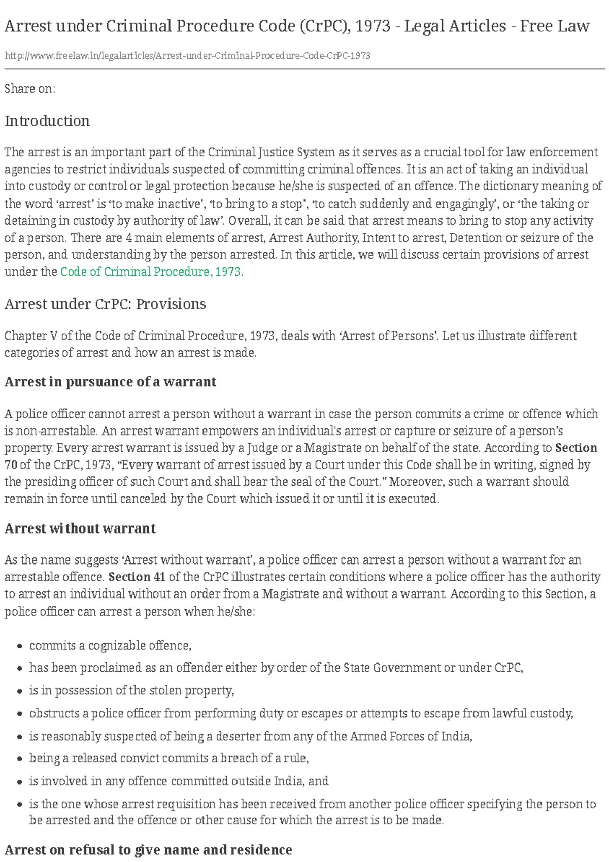 Arrest under Criminal Procedure Code (Cr PC), 1973 - It is an act of ...