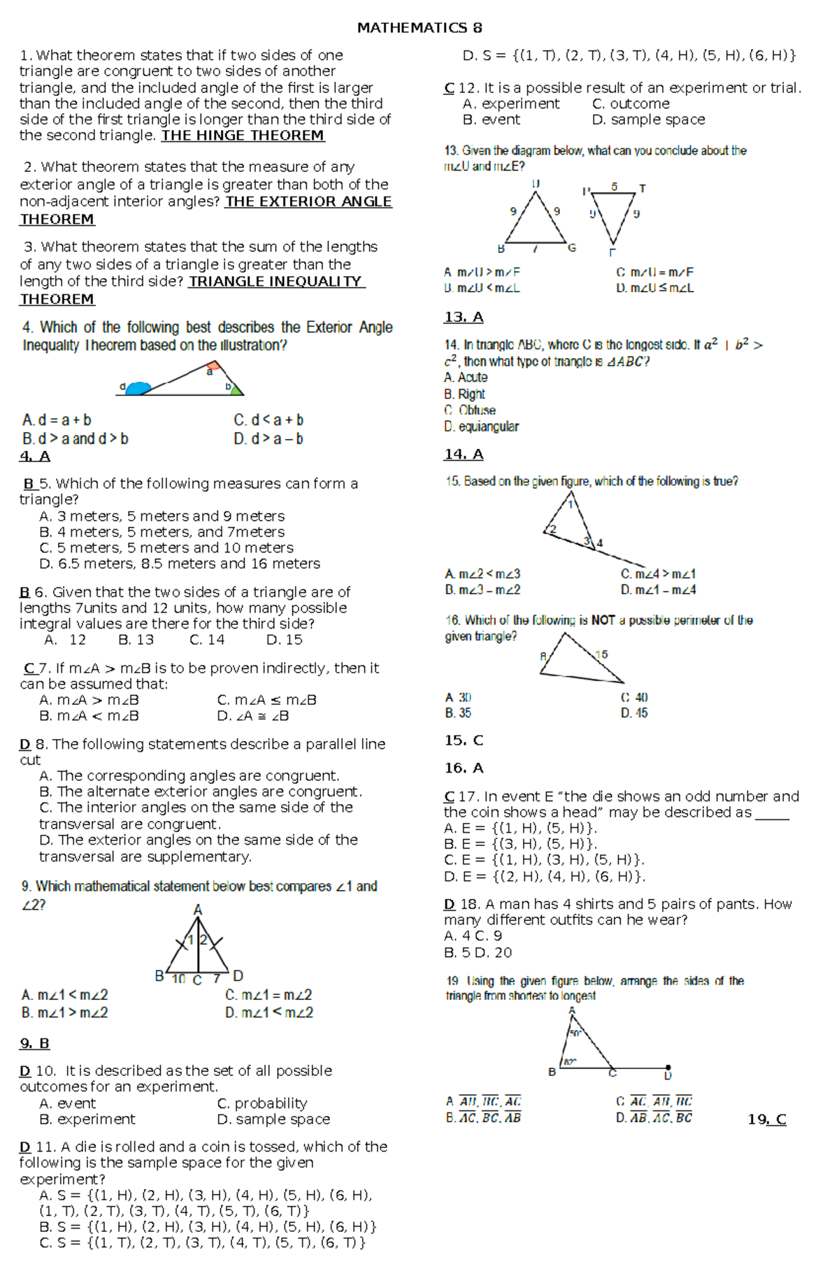 Q4 Math 8 reviewer - MATHEMATICS 8 What theorem states that if two ...