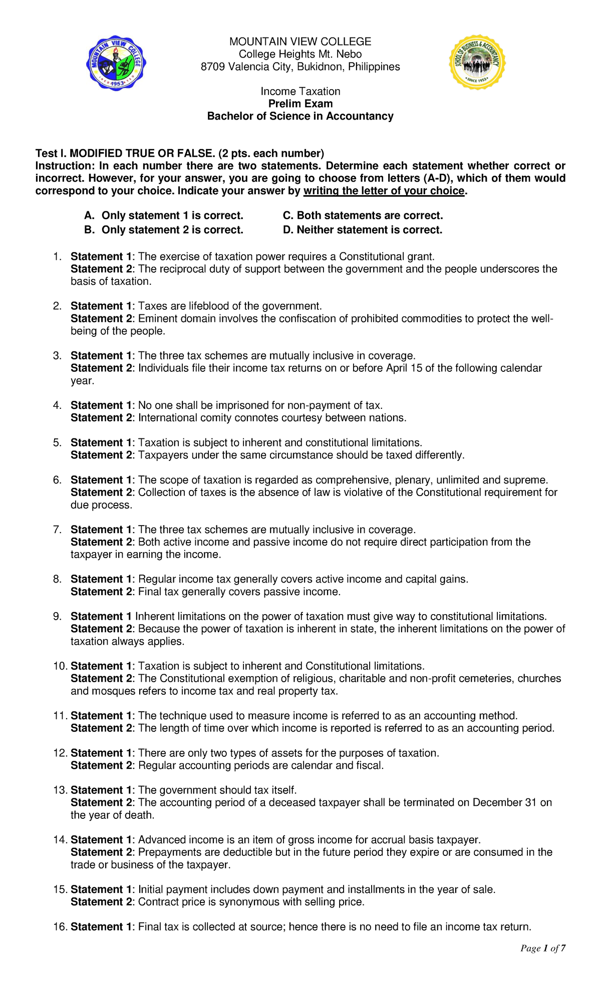 Prelim EXAM. BSA - MOUNTAIN VIEW COLLEGE College Heights Mt. Nebo 8709 ...