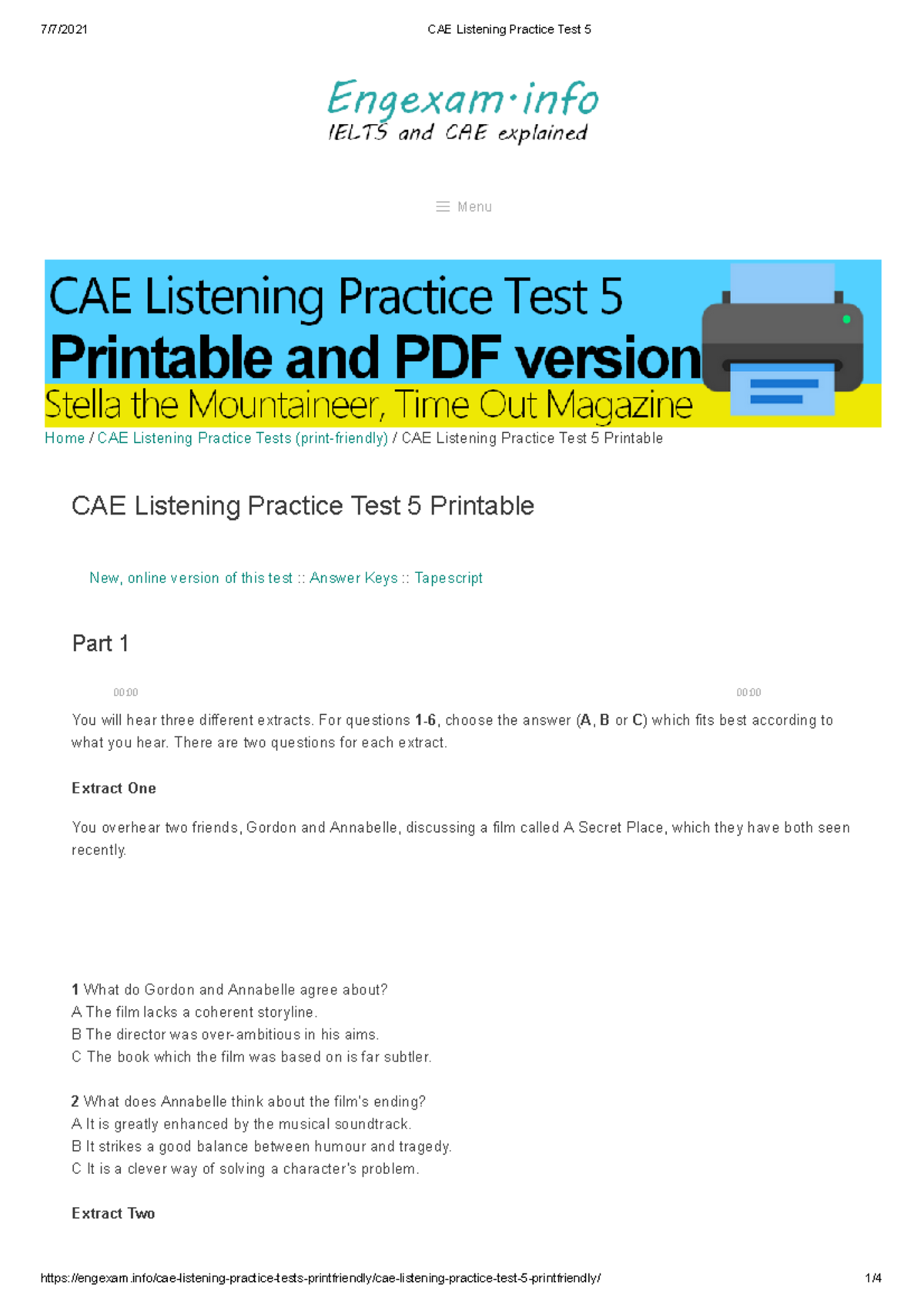 CAE Listening Practice Test 5 - For questions 1-6, choose the answer (A ...