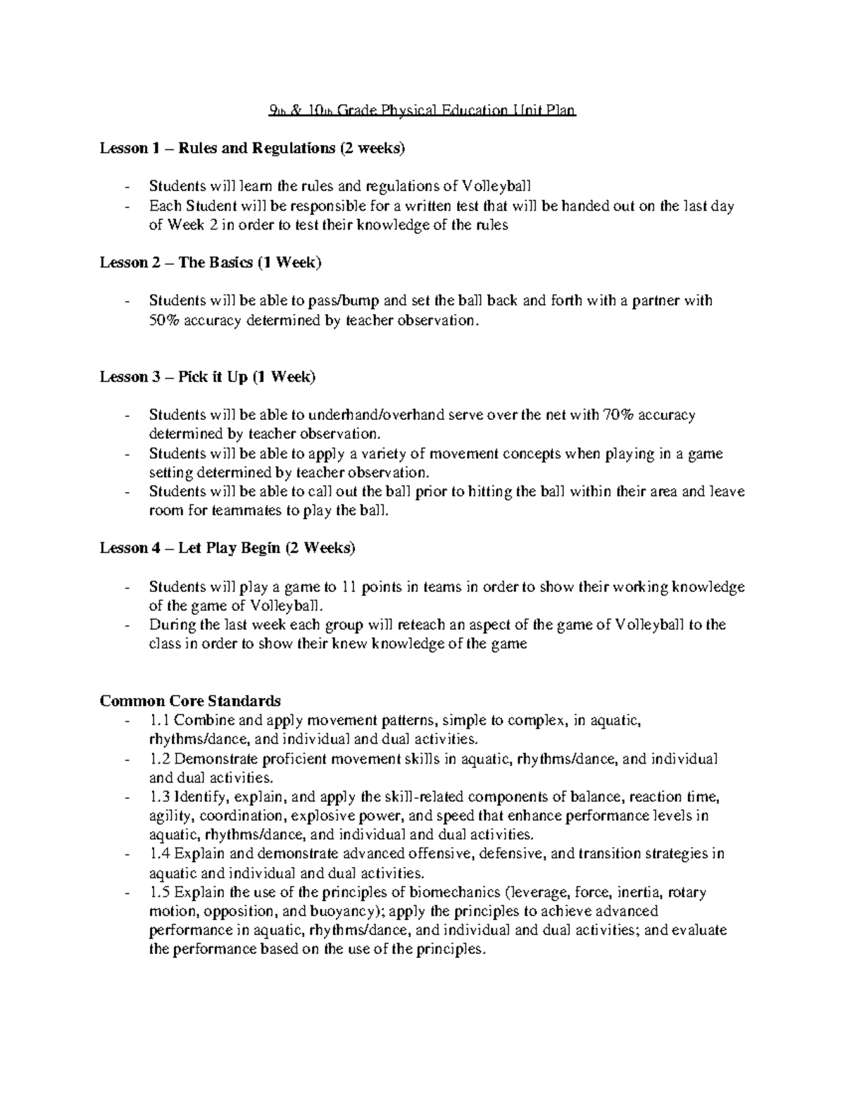 Volleyballunit - Detailed Lesson plan - 9 th & 10th Grade Physical ...