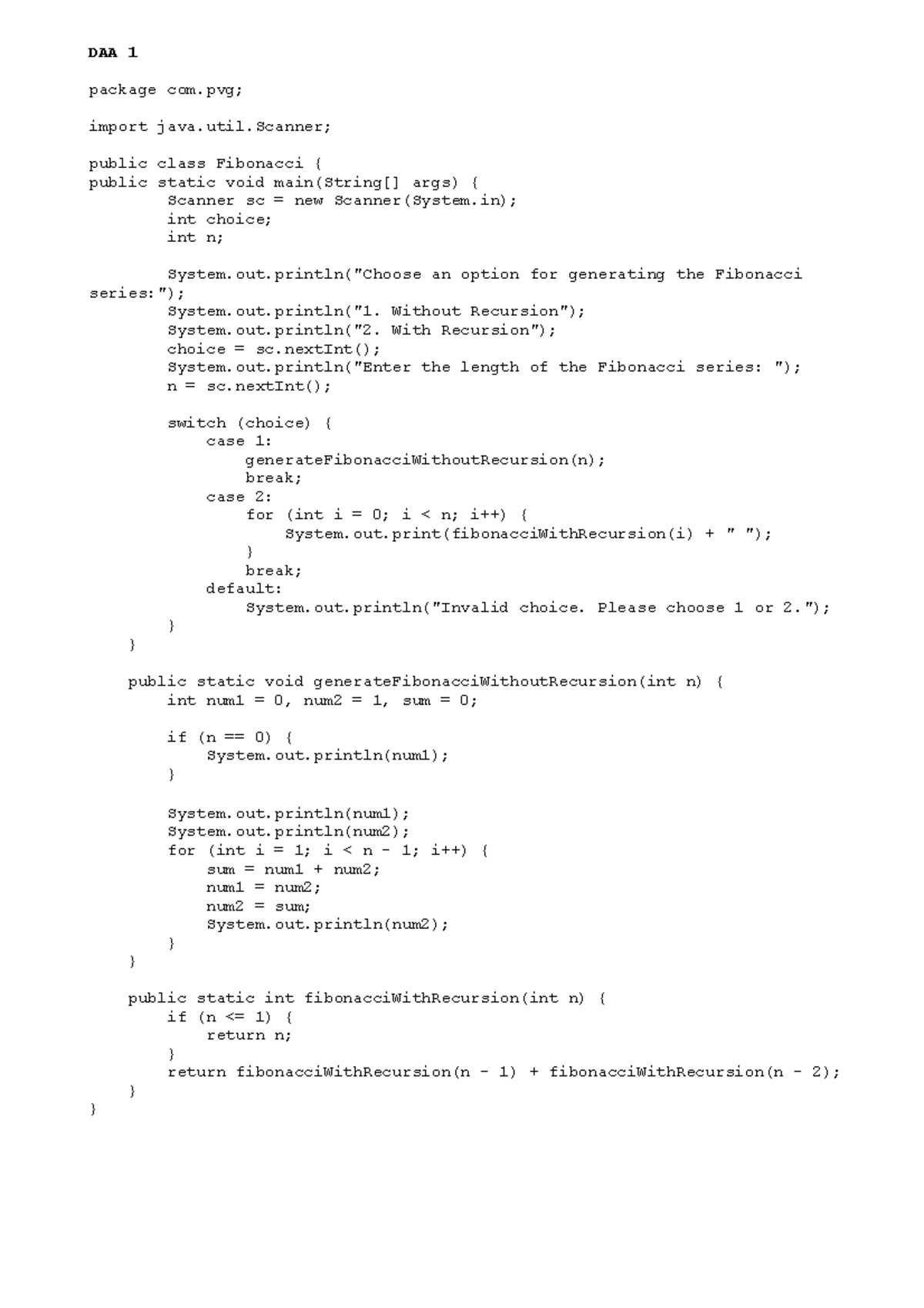Daacode 1 3 Daa 1 Package Com Import Javautil Public Class Fibonacci Public Static Void 