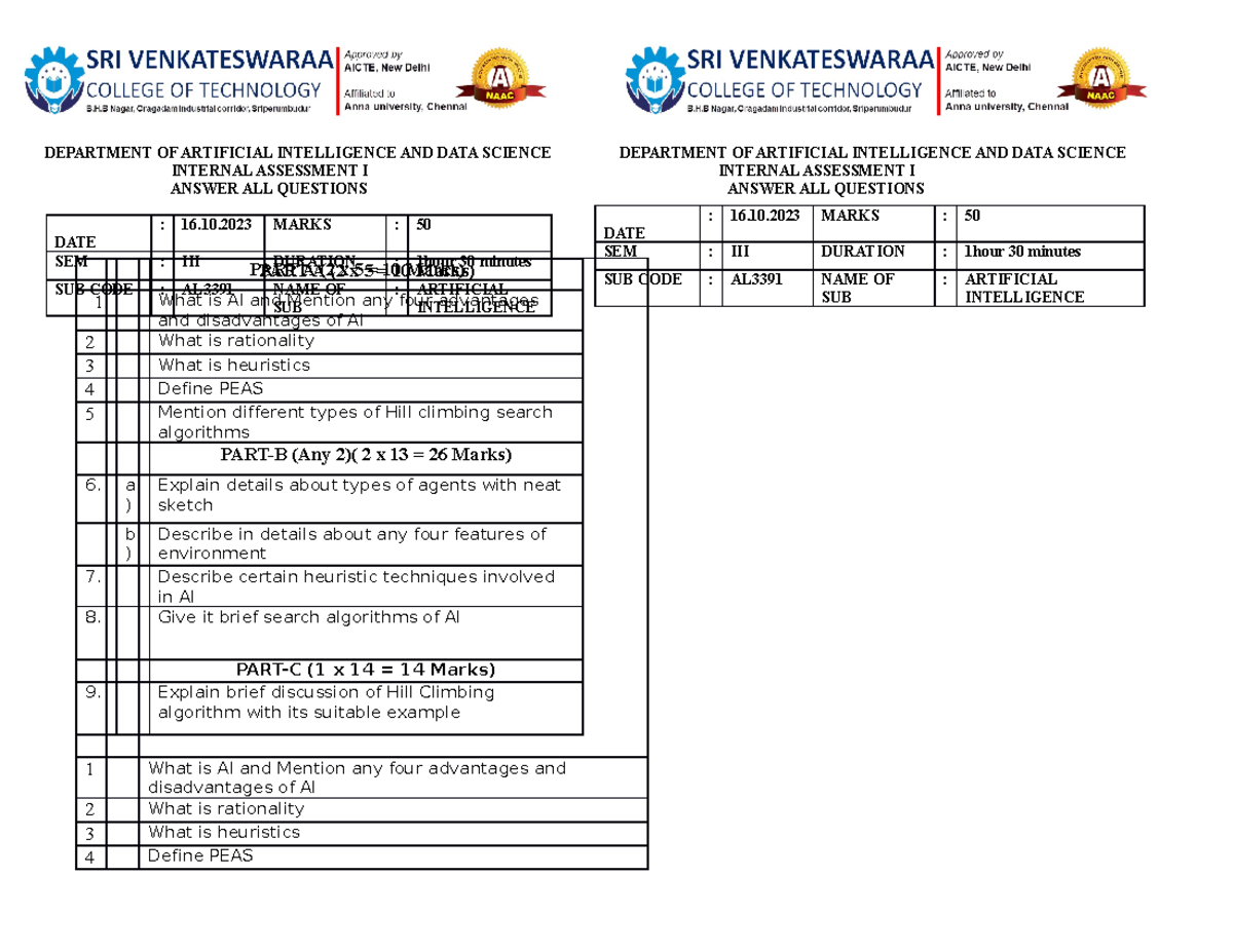 Question Paper Assesment-I (AI) AL3391 - DEPARTMENT OF ARTIFICIAL ...