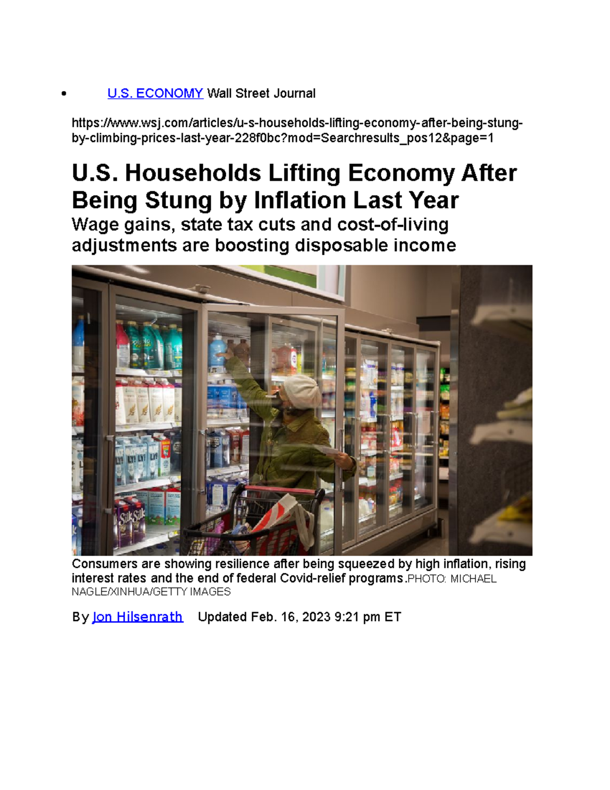 WSJ Households Lifting Economy After Being Stung by Inflation Last Year ...