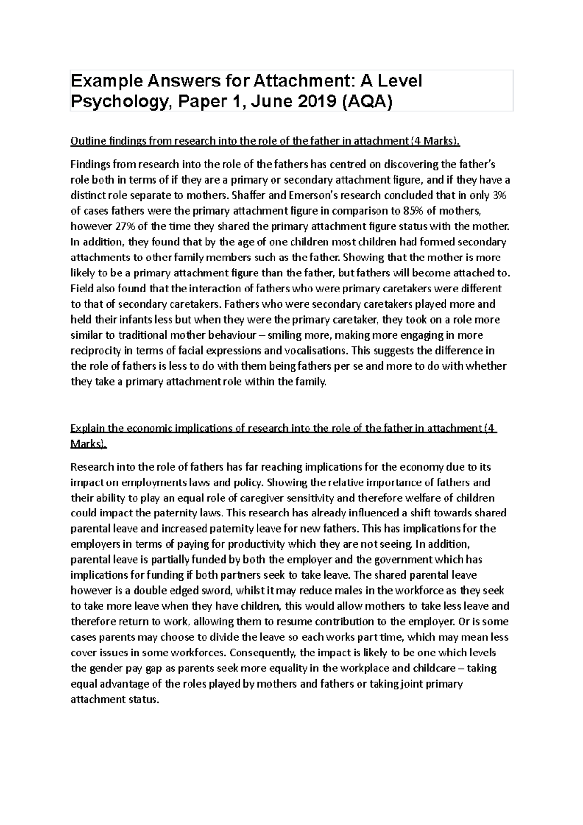 Example Answers for Attachment- A Level Psychology, Paper 1, June 2019 ...