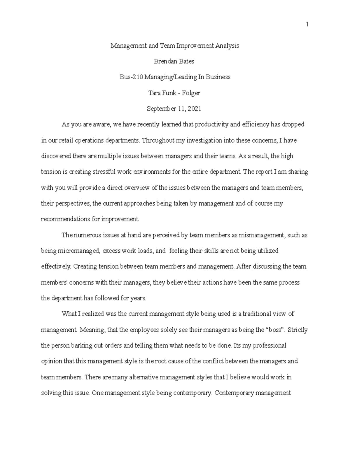 Management and Team Improvement Analysis - 1 Management and Team ...