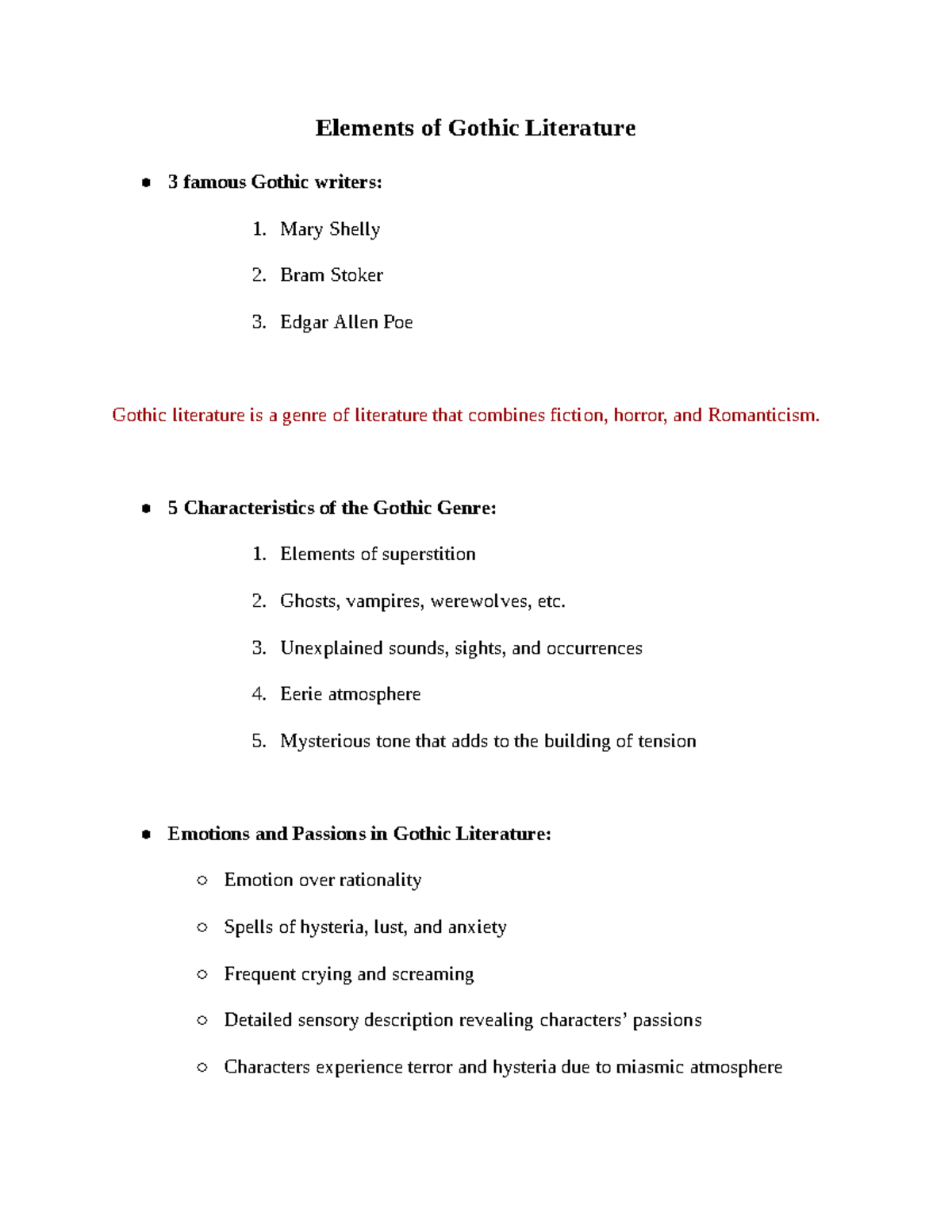 Elements of Gothic Literature - Mary Shelly 2. Bram Stoker 3. Edgar ...