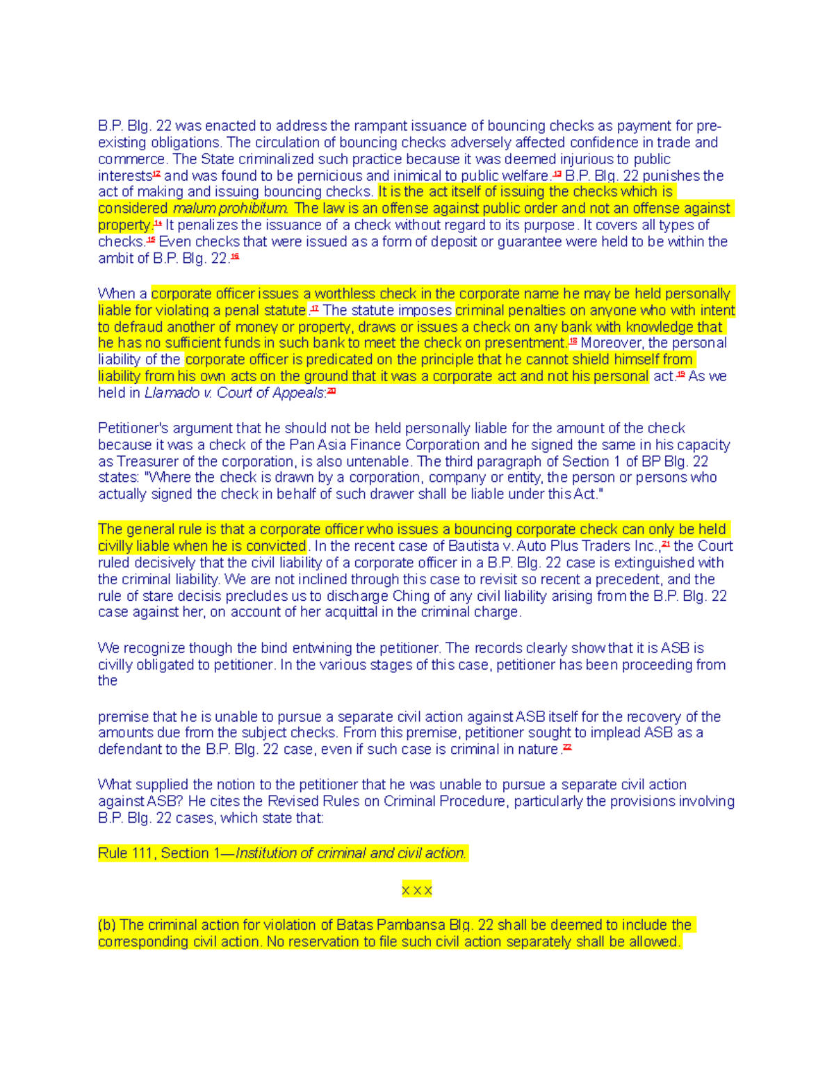 B - Important parts on BP 22 with issues raised on Civil action and ...