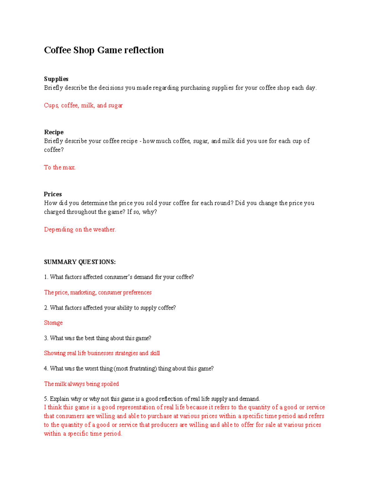 Copy of Coffee Shop Game reflection 2024 - Coffee Shop Game reflection ...