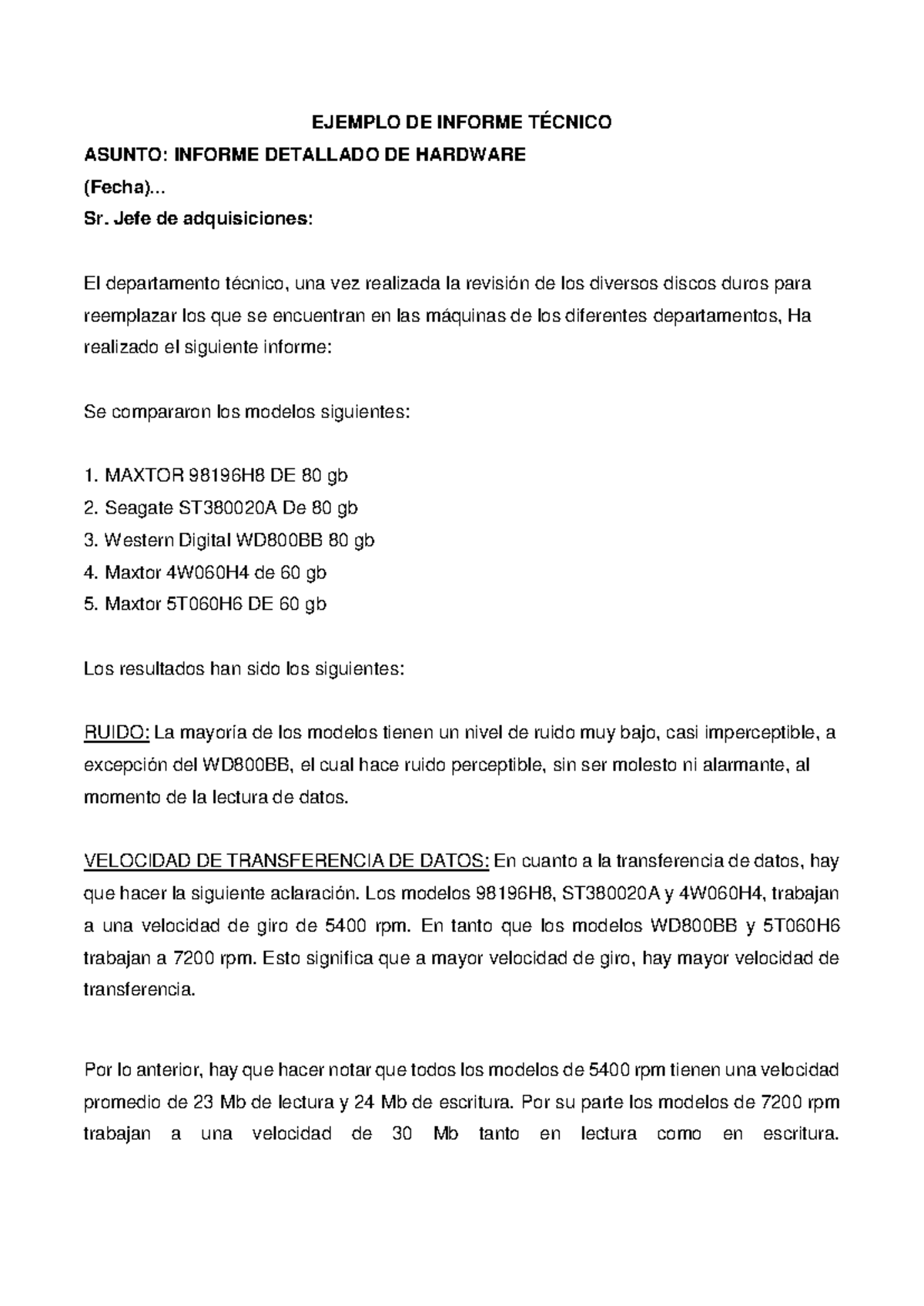 Ejemplo DE Informe Técnico - EJEMPLO DE INFORME TÉCNICO ASUNTO: INFORME ...