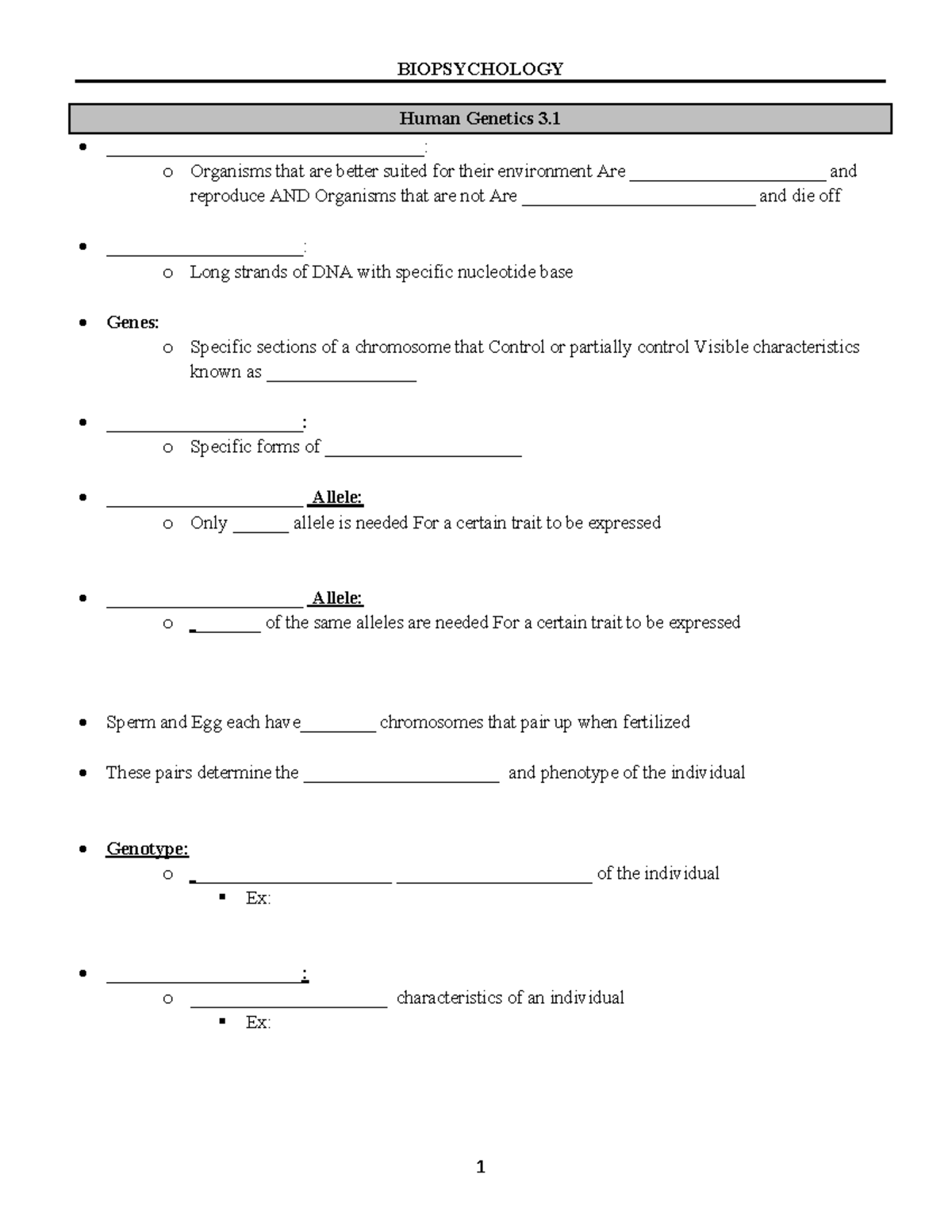 Biopsychology Guided Notes - Human Genetics 3 ...