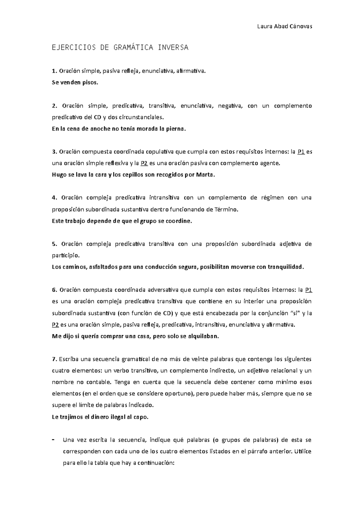 Ejercicios de gramática inversa - Laura Abad Cánovas EJERCICIOS DE ...