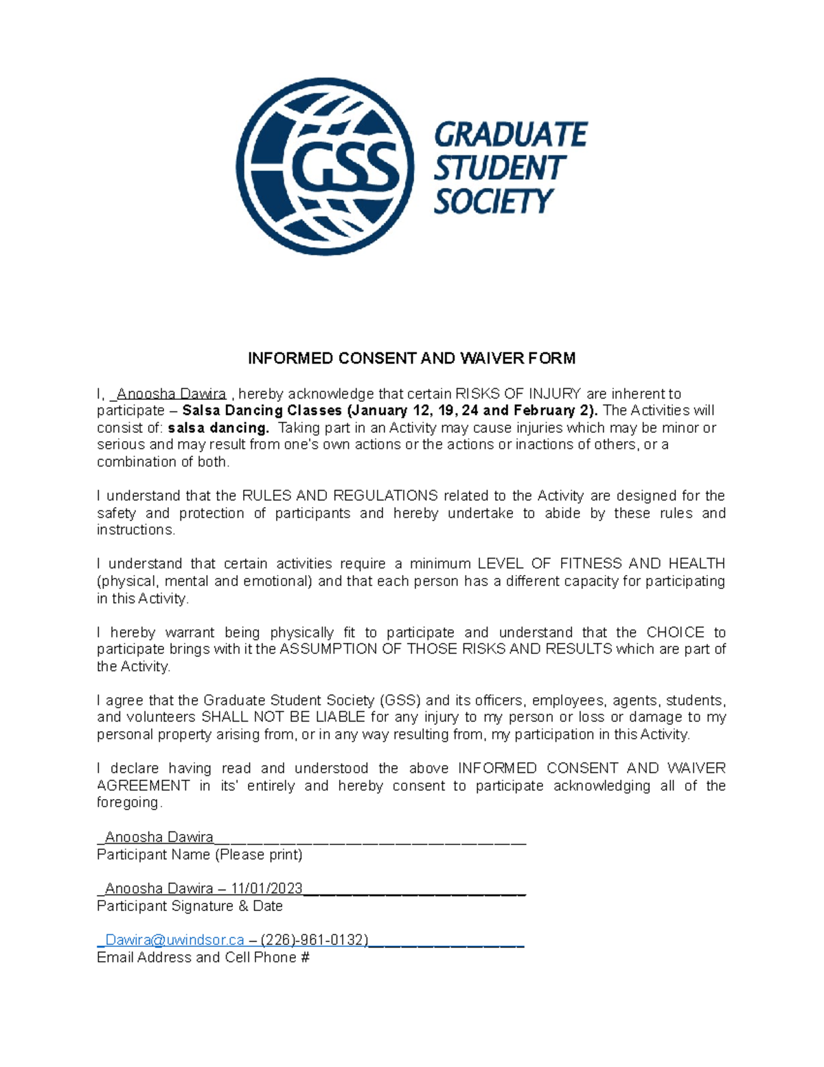 Salsa Dancing 2023 Consent Form - INFORMED CONSENT AND WAIVER FORM I ...