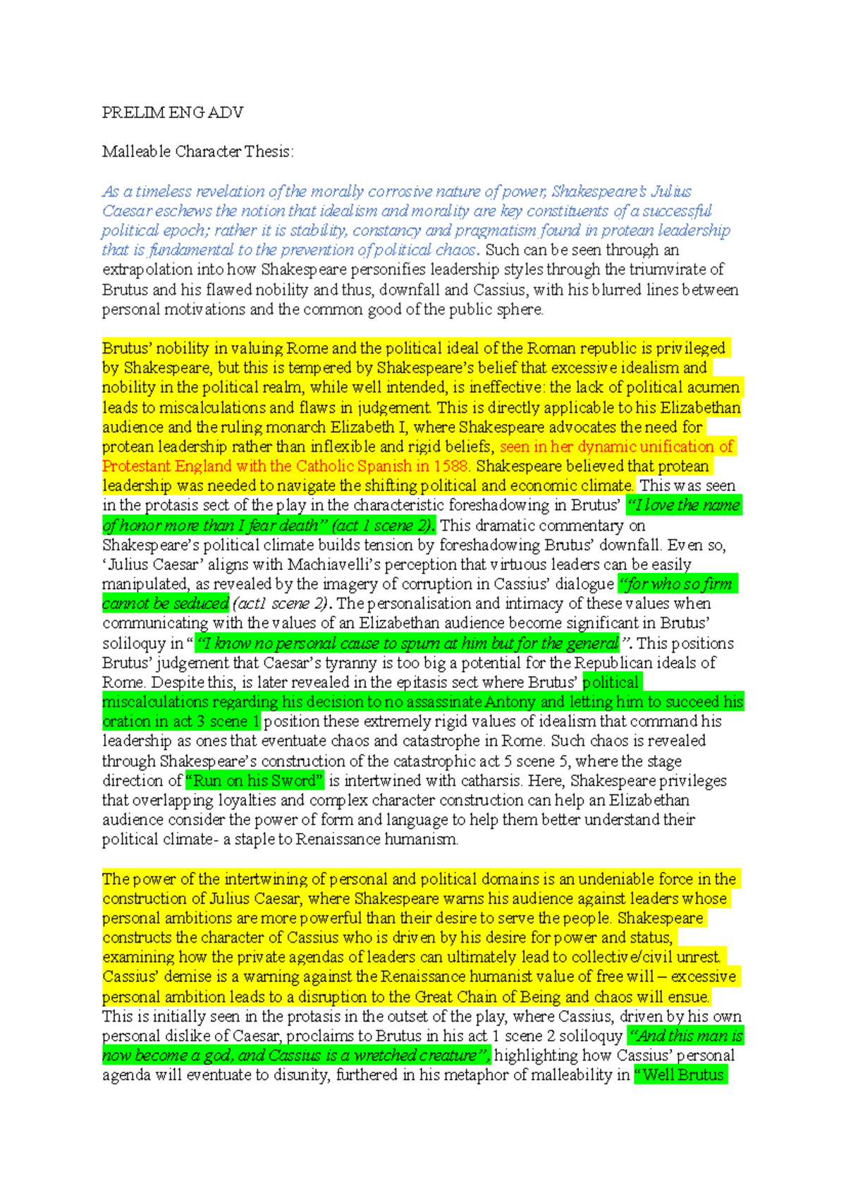 Prelim ENG ADV - PRELIM ENG ADV Malleable Character Thesis: As a ...
