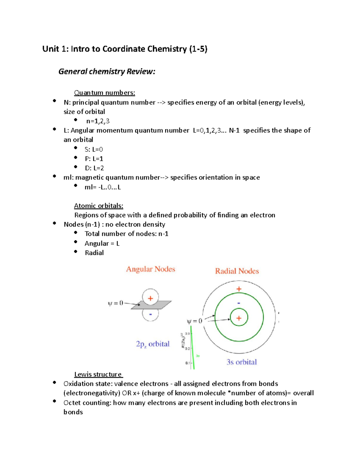 CHEM 208 Final Summary - Unit 1: Intro to Coordinate Chemistry (1-5 ...