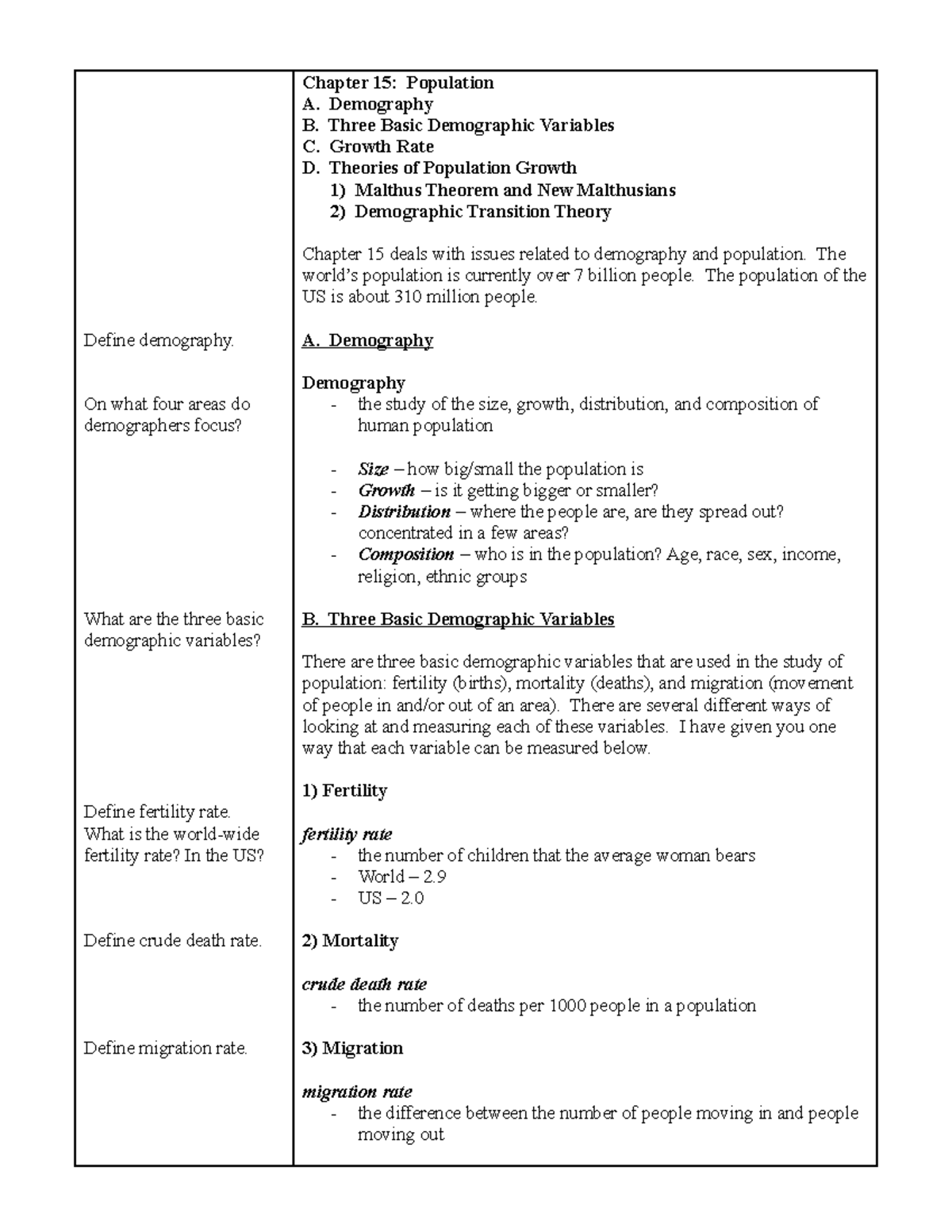 Chapter 15 - Lecture notes 15 - Define demography. On what four areas ...