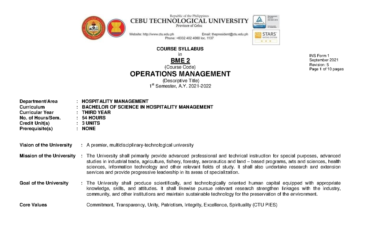 BME-2 Operations-Management - COURSE SYLLABUS in BME 2 (Course Code ...