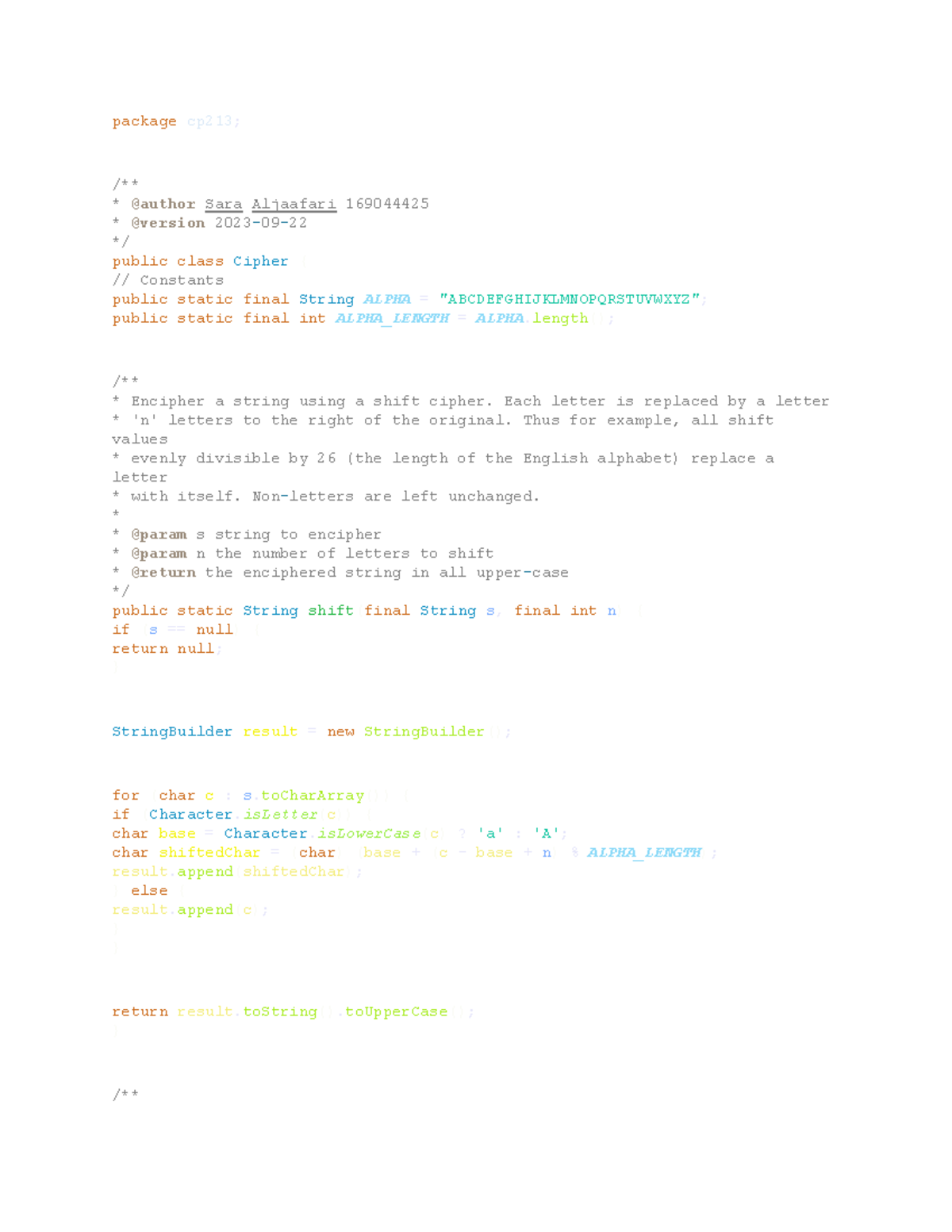 Cipher Assignment 1 Class Package Cp213 Author Sara Aljaafari 169044425 Version 2023