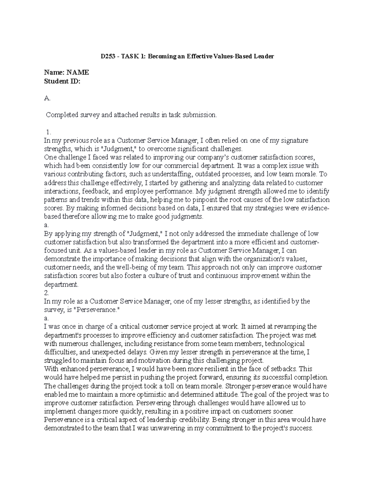 D253 Task 1 - Summary Values Based Leadership - D253 - TASK 1: Becoming ...