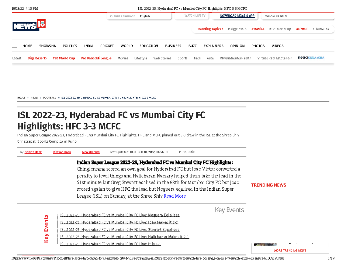ISL 2022-23, Hyderabad FC vs Mumbai City FC Highlights HFC 3-3 MCFC - HOME » NEWS » FOOTBALL ...