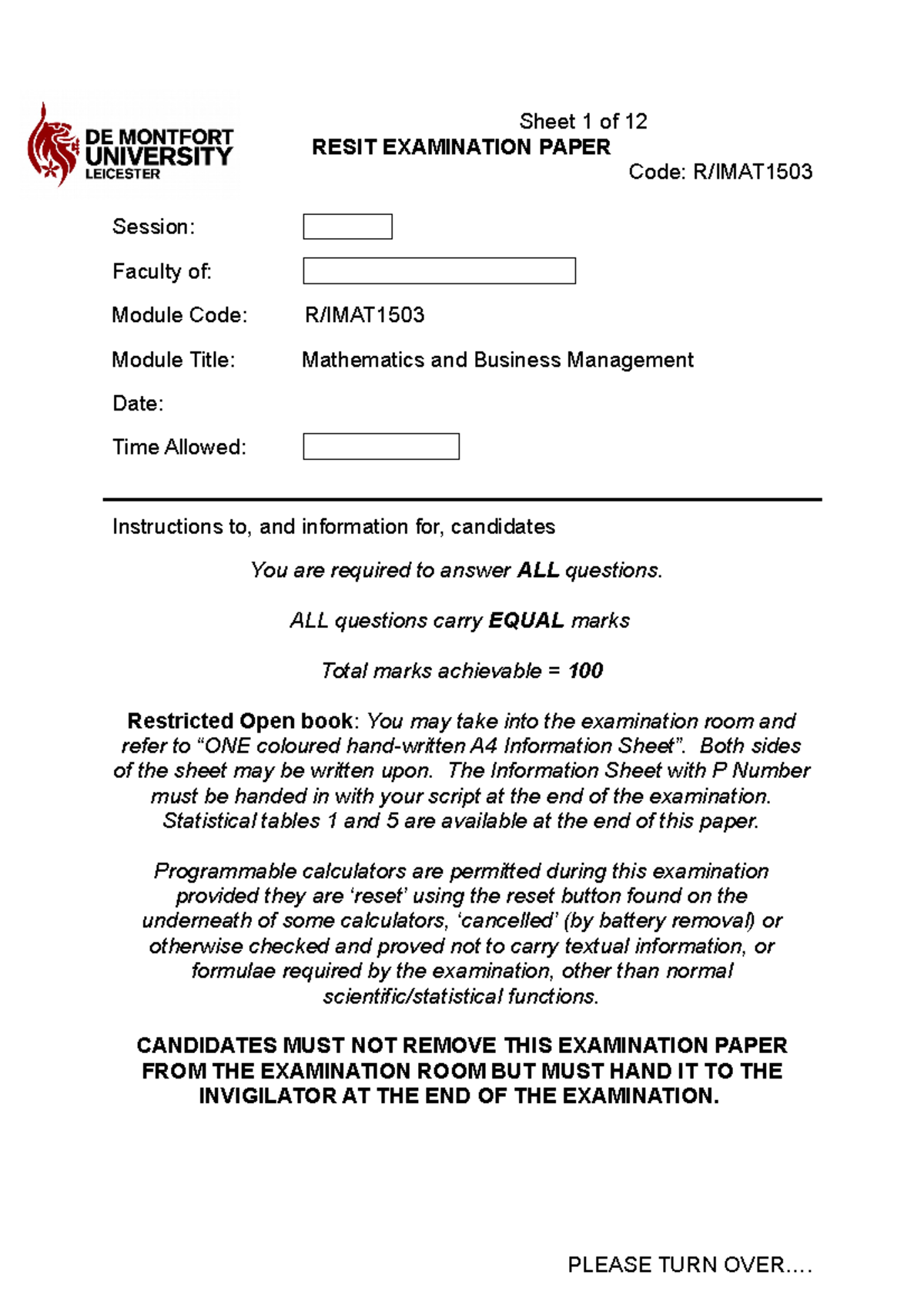 R-IMAT1503 Resit 2020-21 - Sheet 1 of 12 RESIT EXAMINATION PAPER Code ...