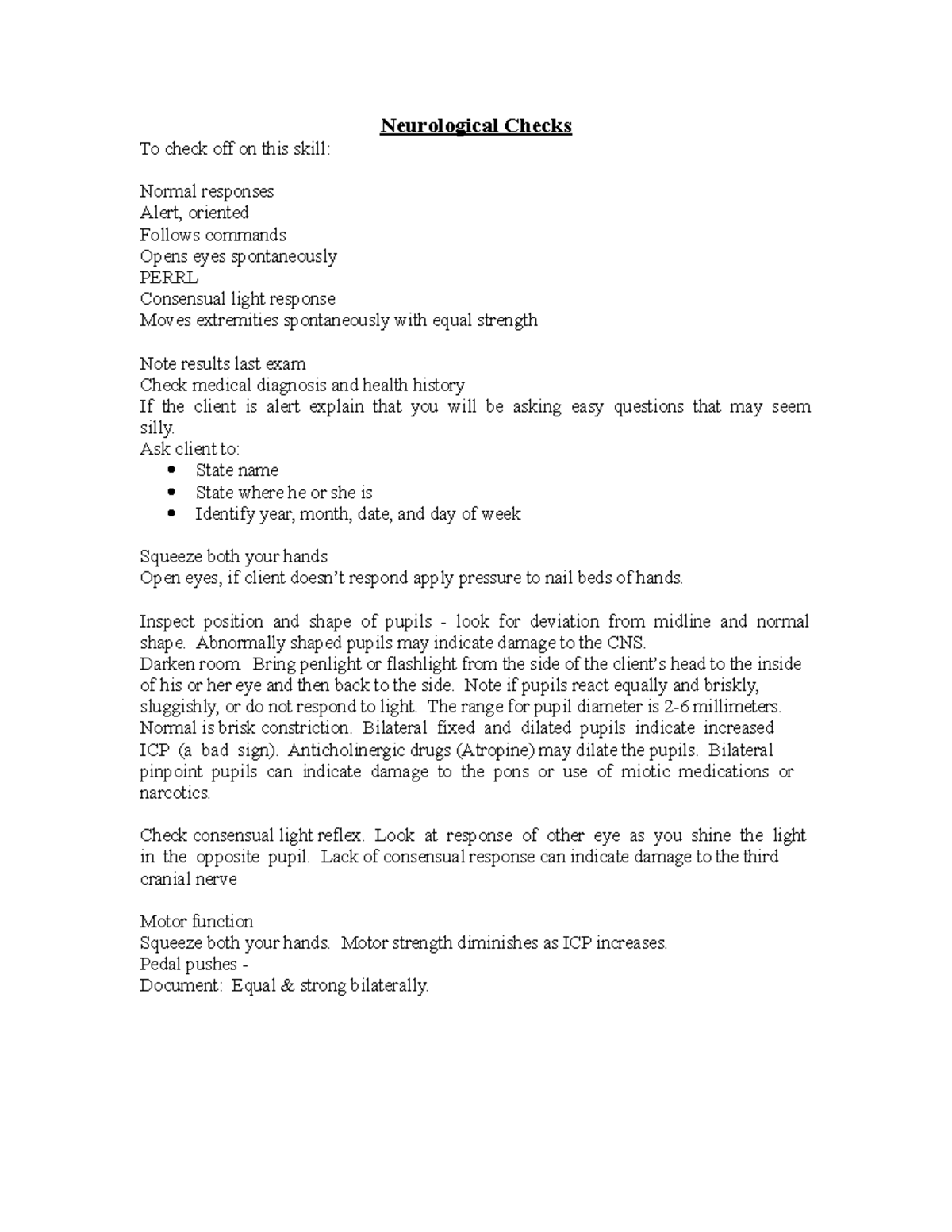 Skills Check off Neuro, DTRs F19 - Neurological Checks To check off on ...