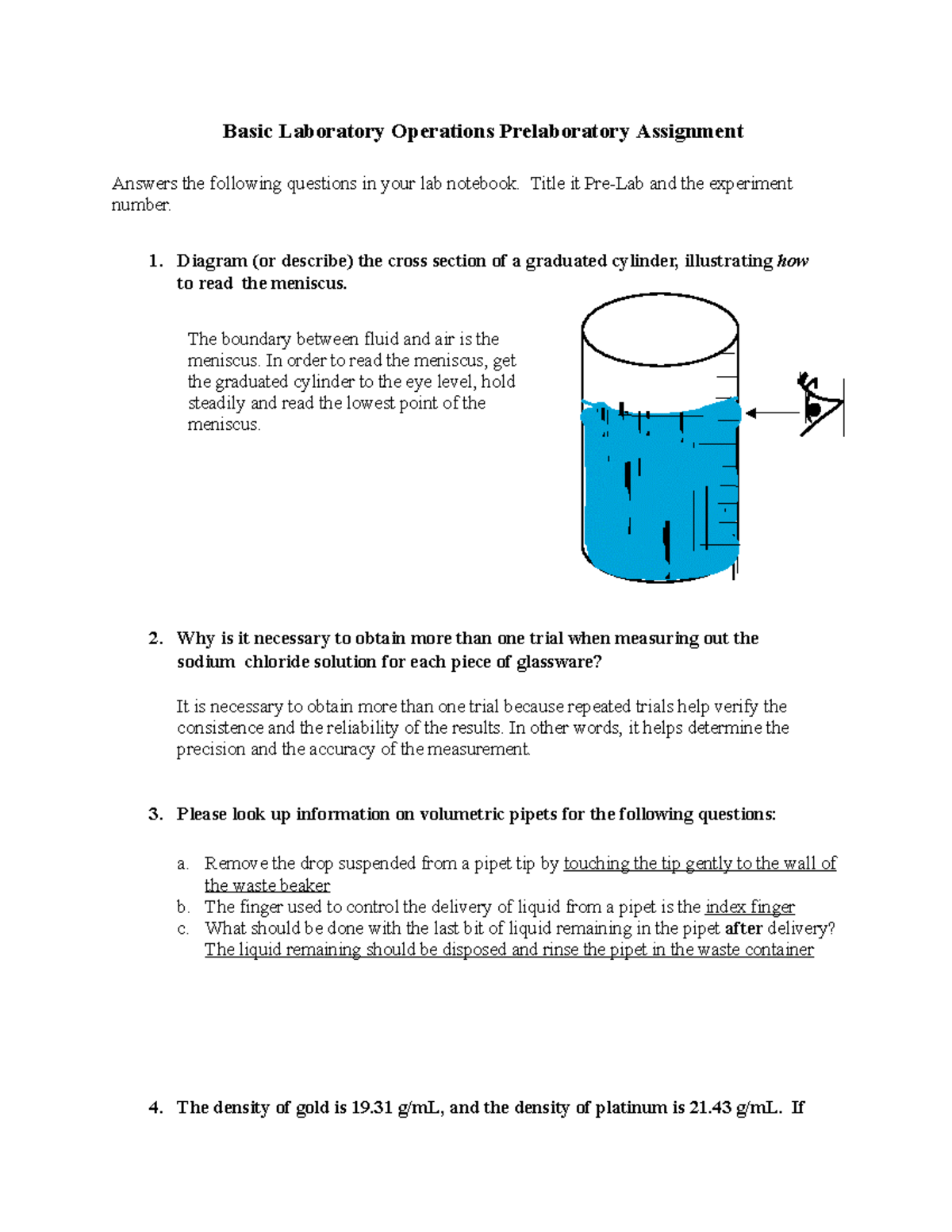 Density prelab - Basic Laboratory Operations Prelaboratory Assignment Answers the following ...