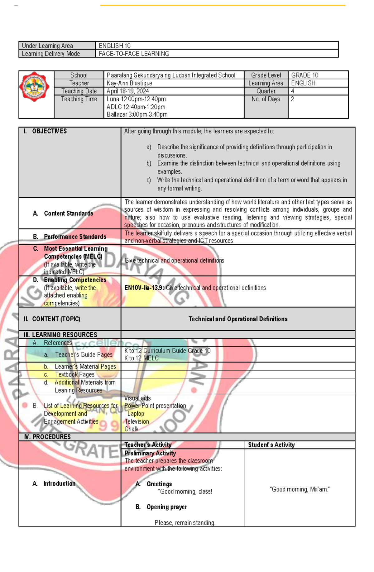 Technical and Operational Lesson Plan - Under Learning Area ENGLISH 10 ...