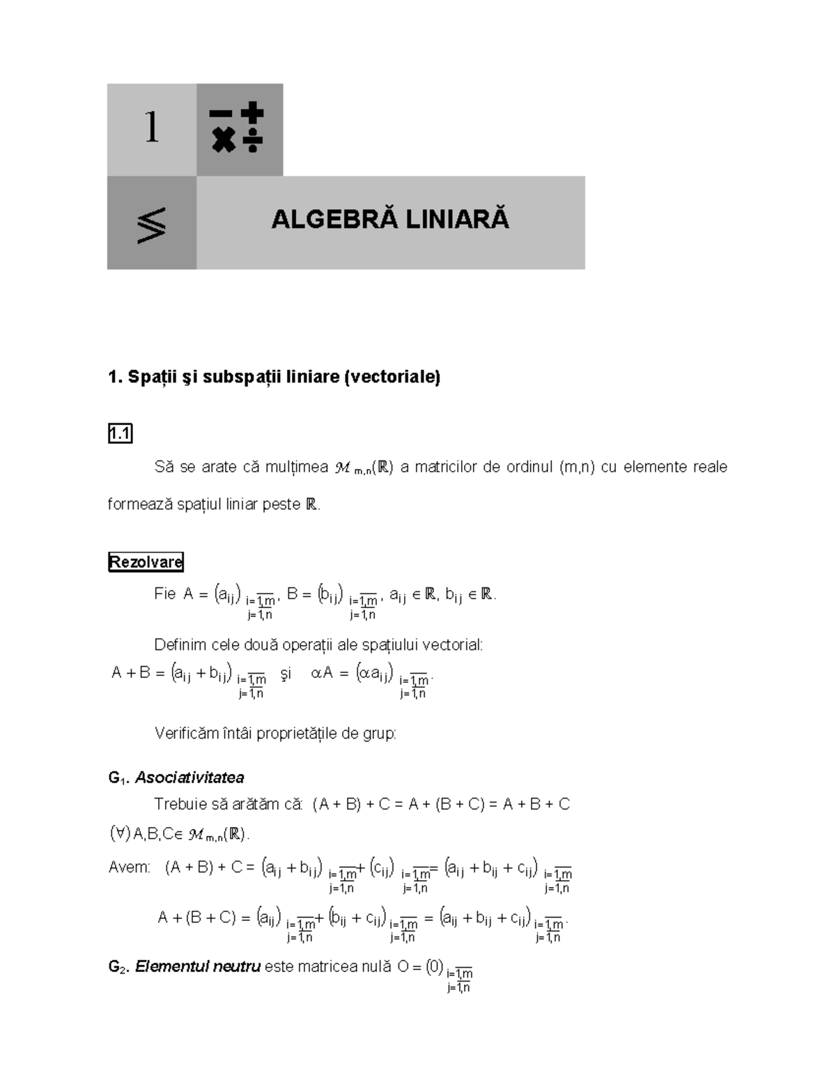 Algebra liniara matematica 1234Analiza Matematica Analiza Matematica - 1. Spaţii şi subspaţii ...