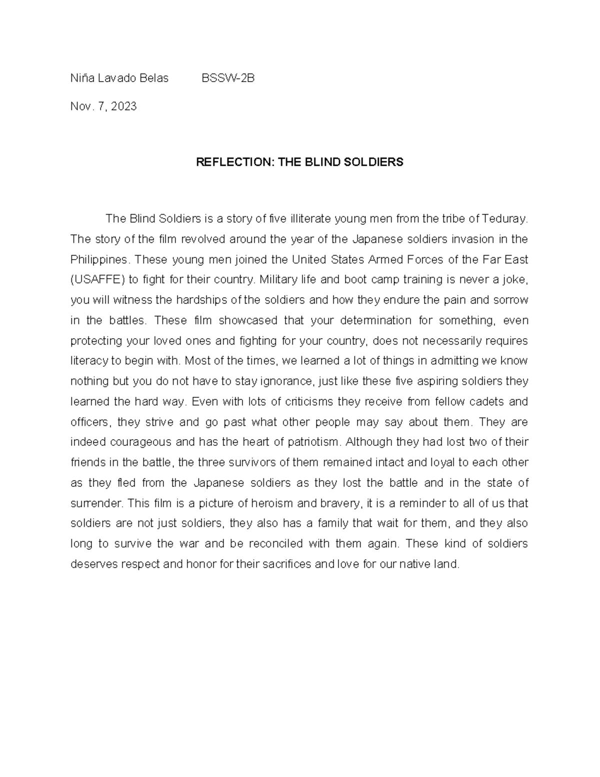 RPH reflection paper - Niña Lavado Belas BSSW-2B Nov. 7, 2023 REFLECTION: THE BLIND SOLDIERS The ...