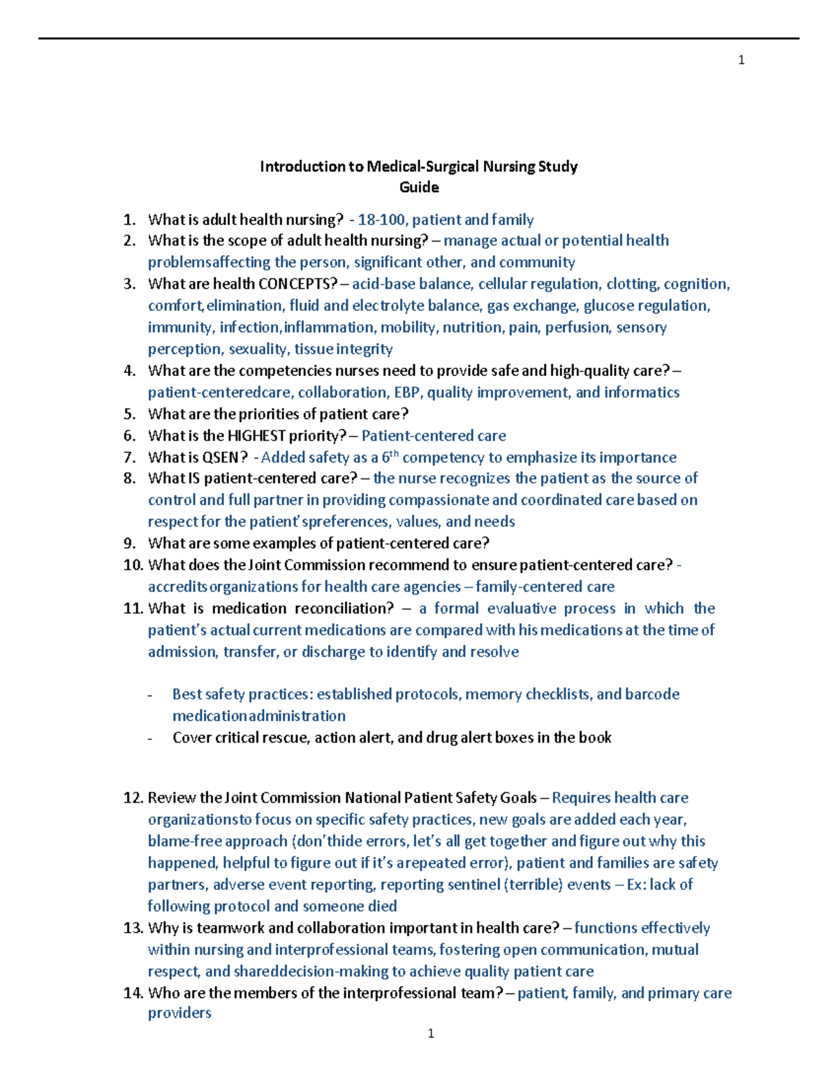 Intro to Med Surg Study guide - Introduction to Medical-Surgical ...