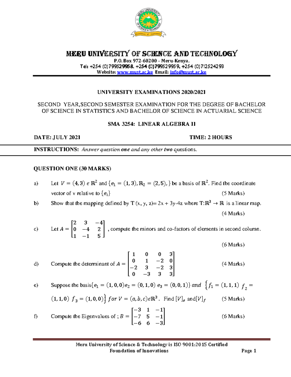 SMA-3254- Linear- Algebra-II- actuarial science - Studocu