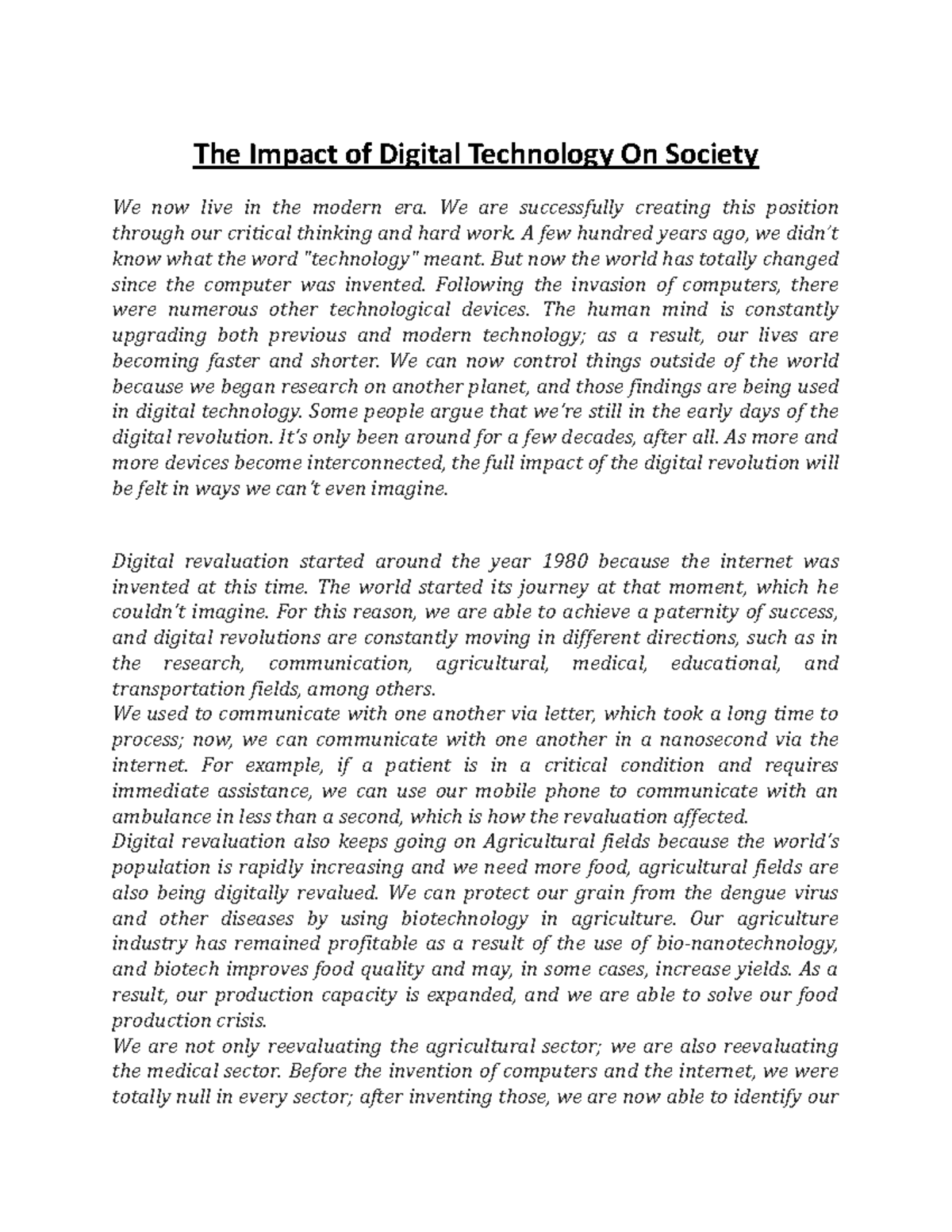 First assign - The Impact of Digital Technology On Society We now live ...