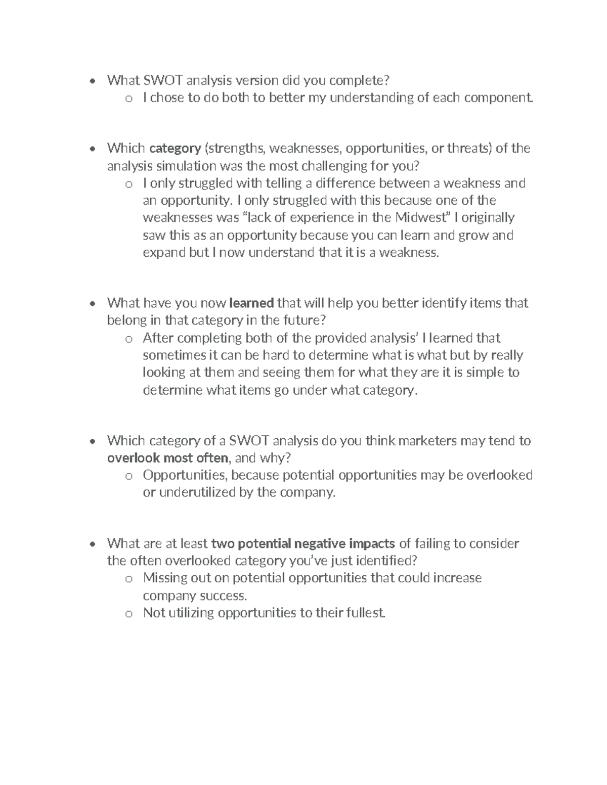 SWOT Reflection - Worksheet - What SWOT analysis version did you ...