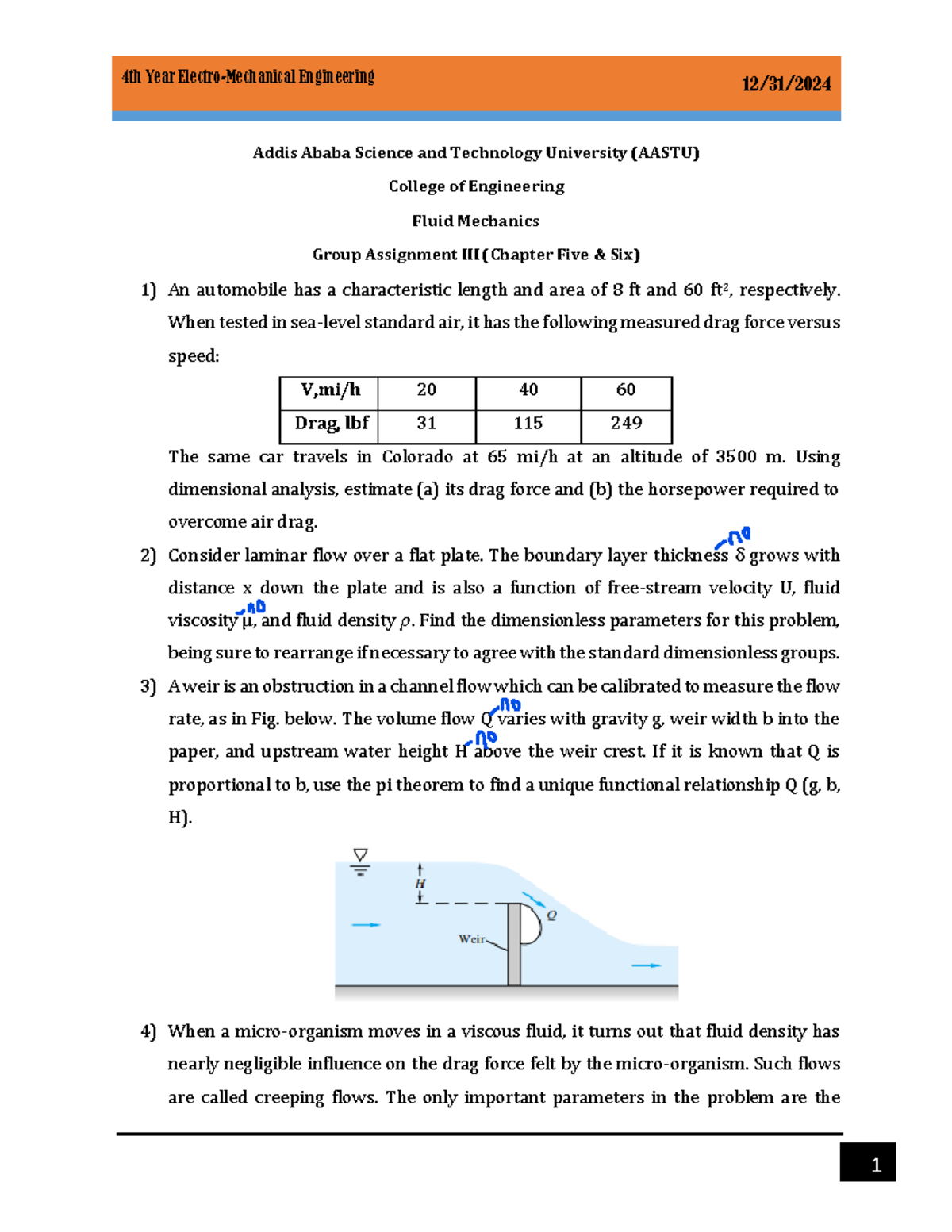 Group Assignment III - fluid mechanics - 12/31/ Addis Ababa Science and Technology University ...