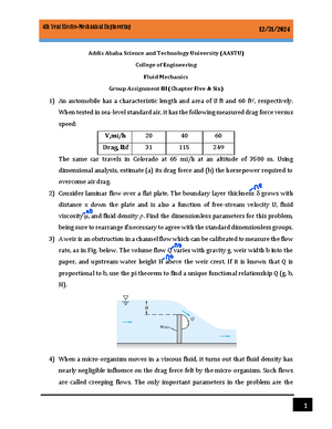 Group Assignment I - fluid mechanics - Addis Ababa Science and Technology University (AASTU ...