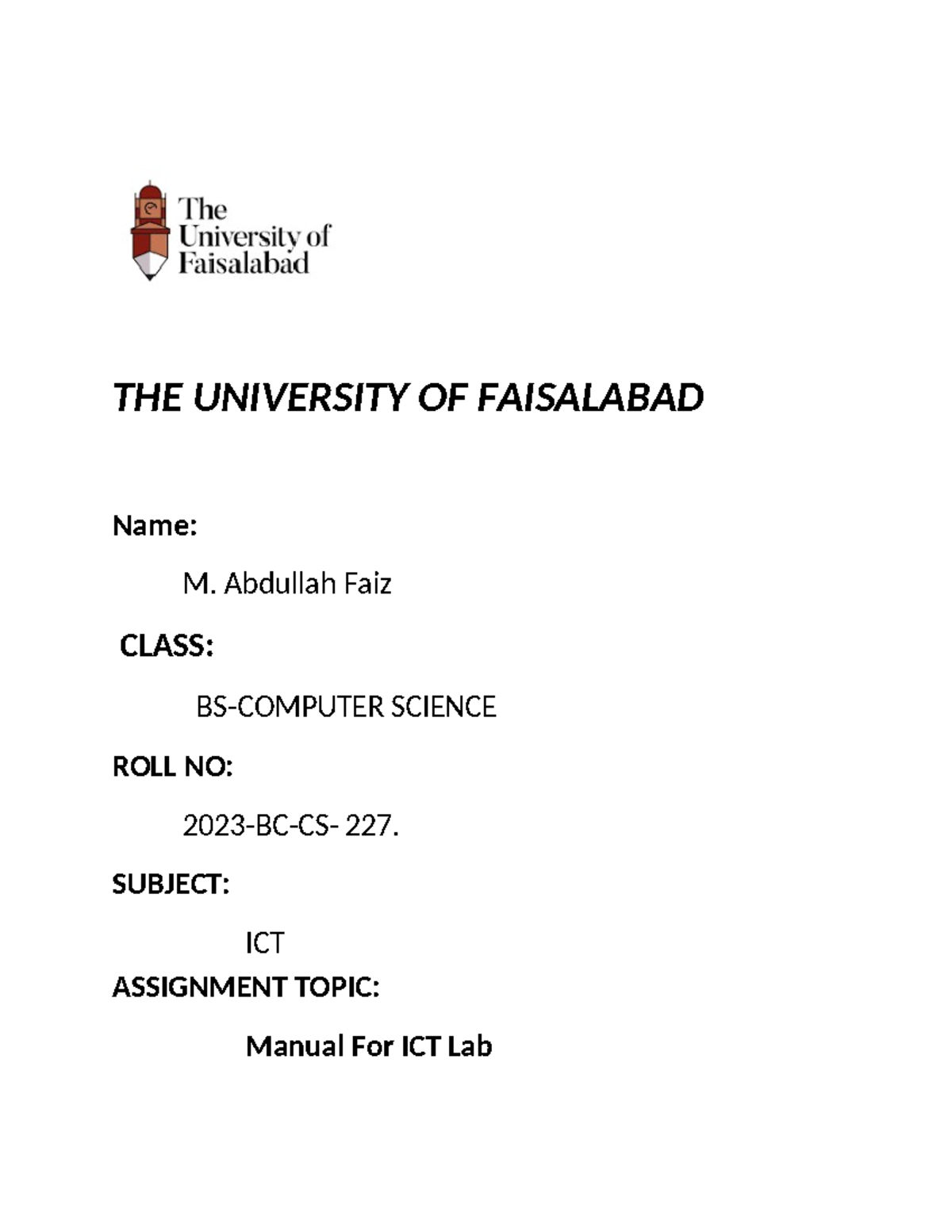 THE University OF Faisalabad - THE UNIVERSITY OF FAISALABAD Name: M ...
