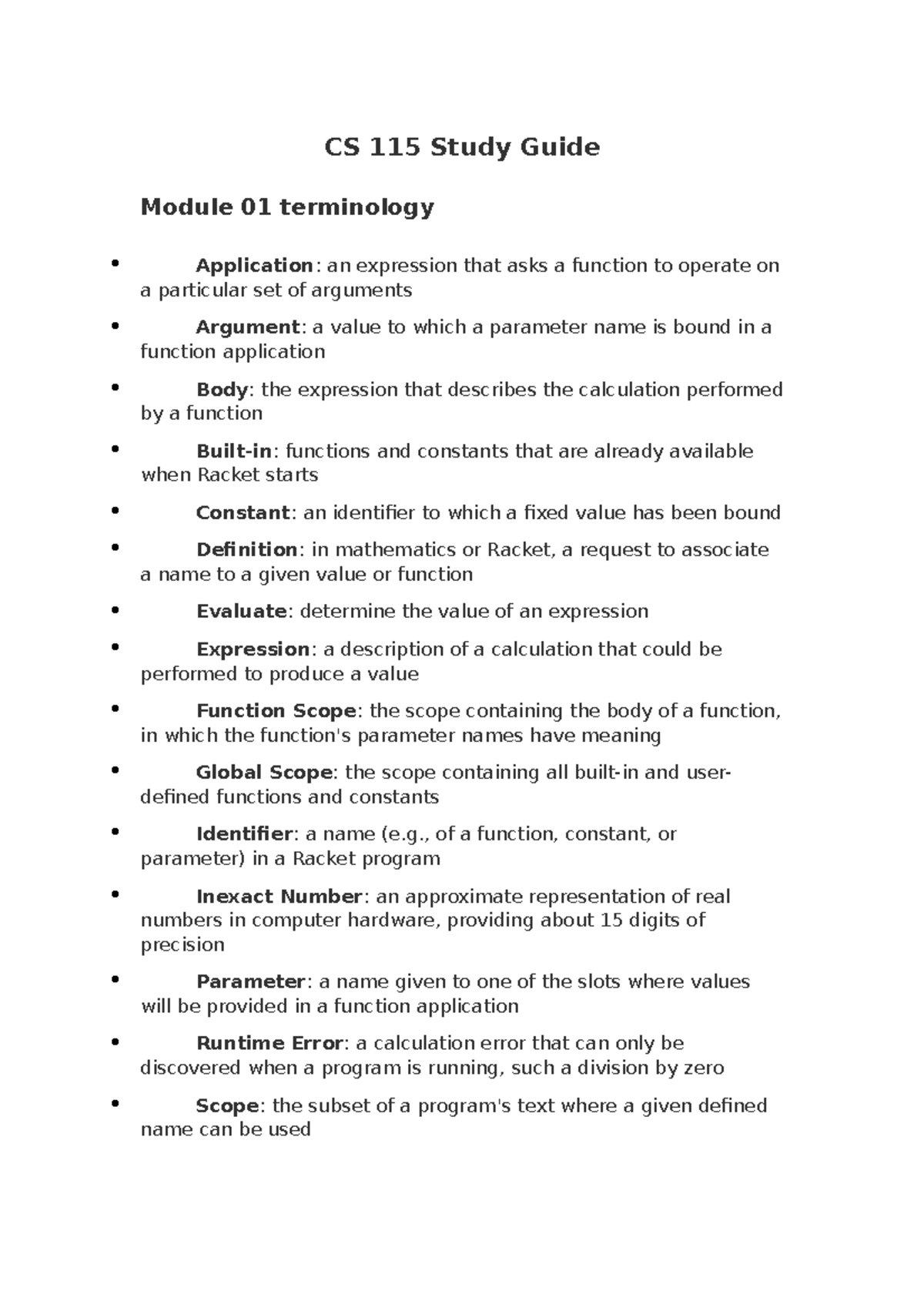 CS 115 Study Guide-M01 - CS 115 Study Guide Module 01 terminology ...