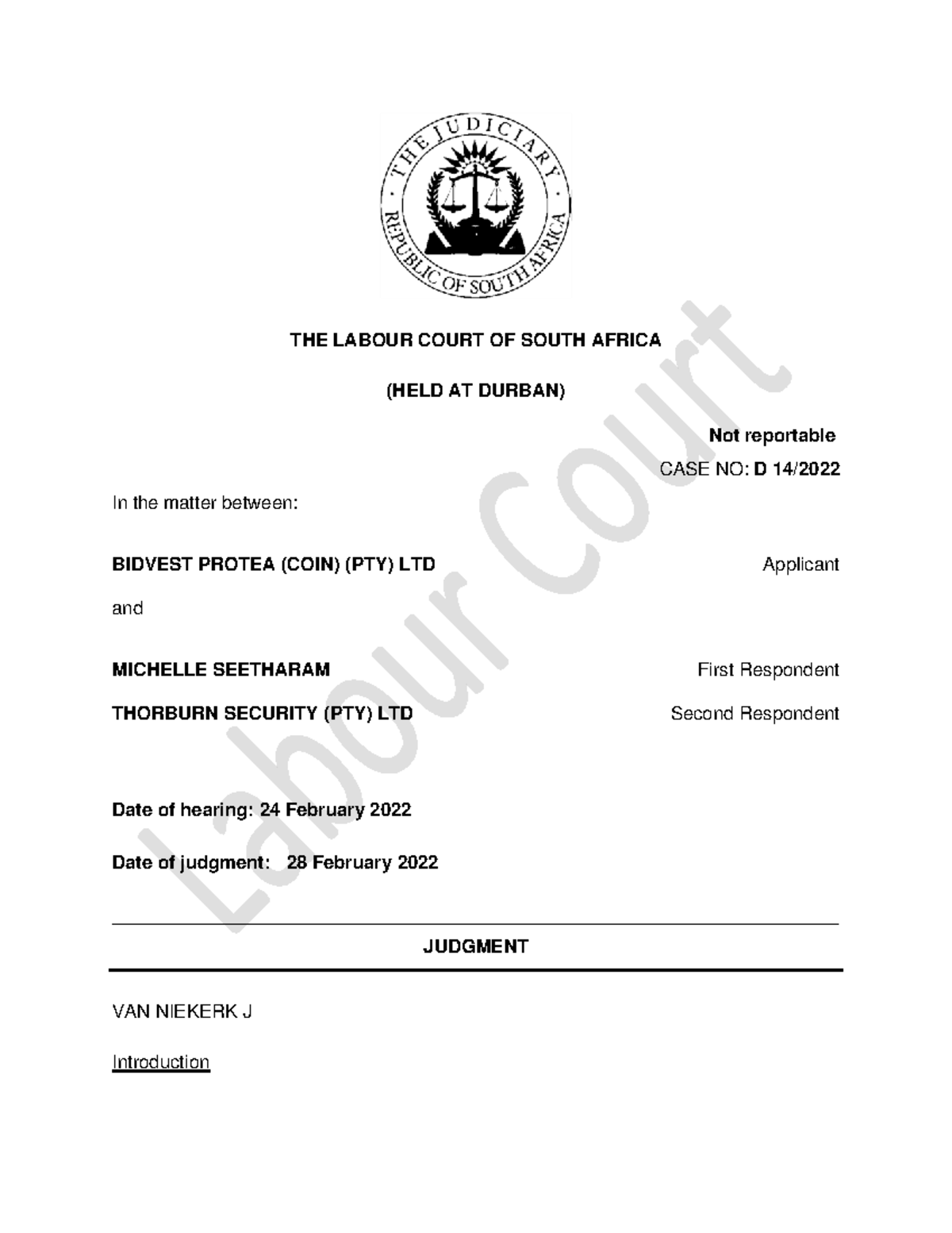 Bidvest Protea (Coin) (Pty) Ltd v Michelle Seetharam and Thorburn ...